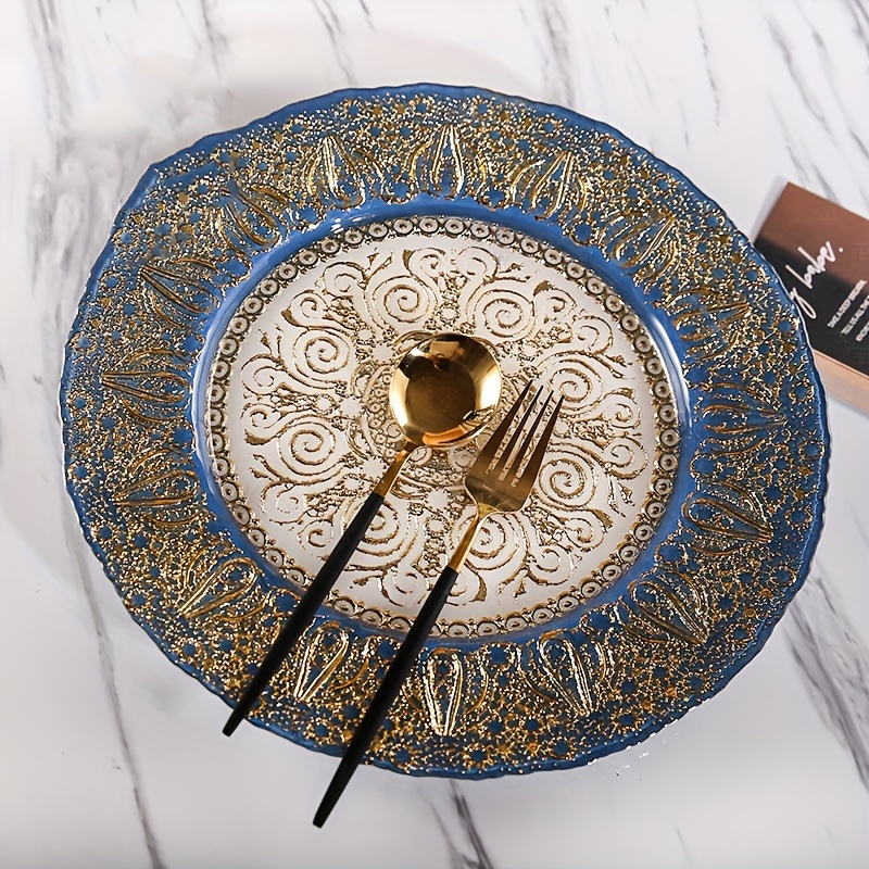 Luxury Blue And Gold Pattern Glass Serving Platter - Elegant Round ...