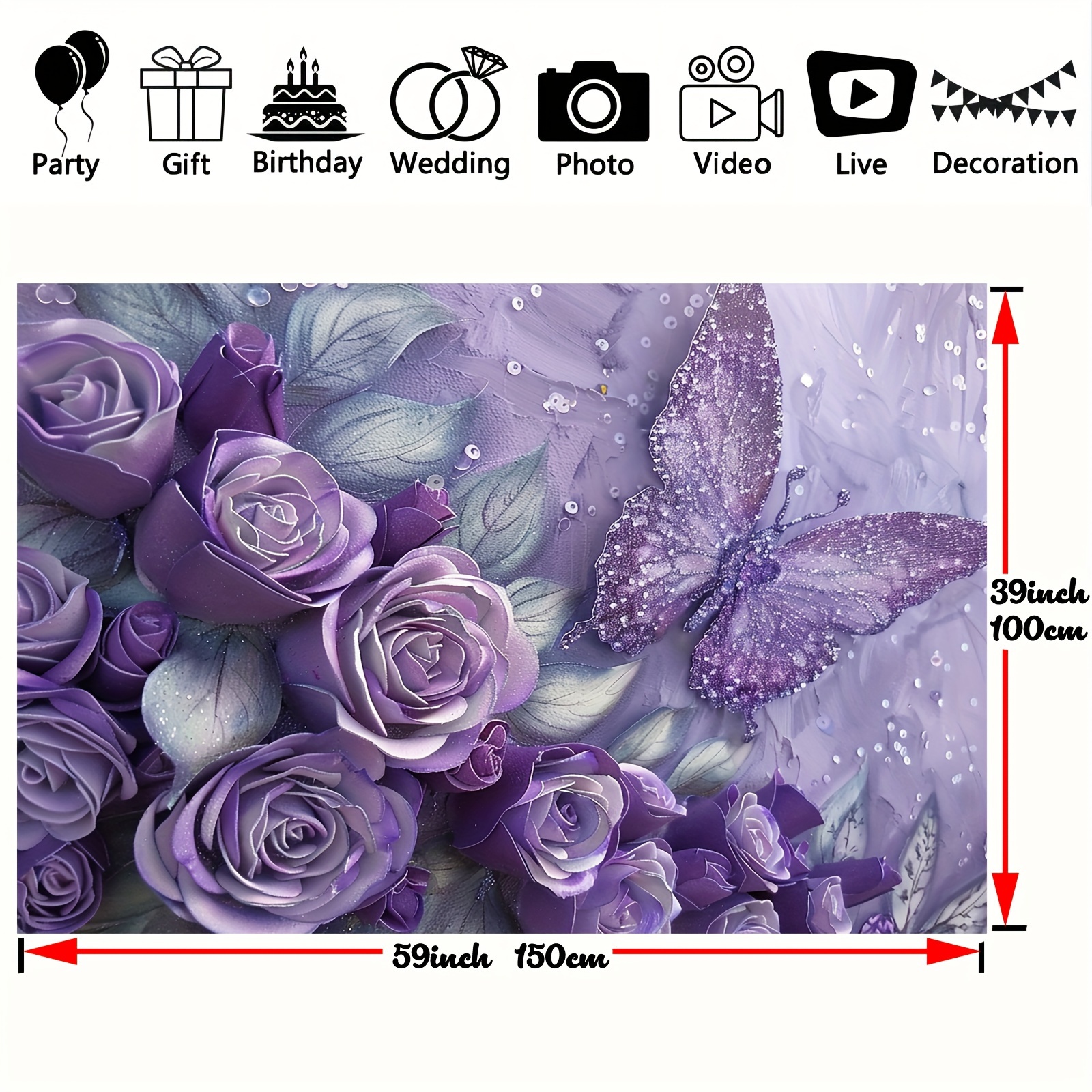 Purple Roses & Butterfly Glitter Banner - Versatile Polyester Party Decor With Metallic Wings ...