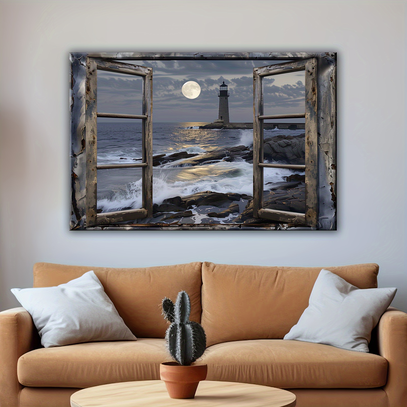 wooden framed canvas painting coastal lighthouse beach scene - Temu