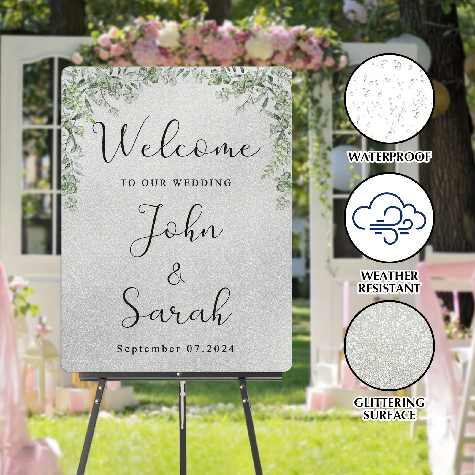 Customizable Wedding Welcome Sign Minimalist Green Leaves - Temu
