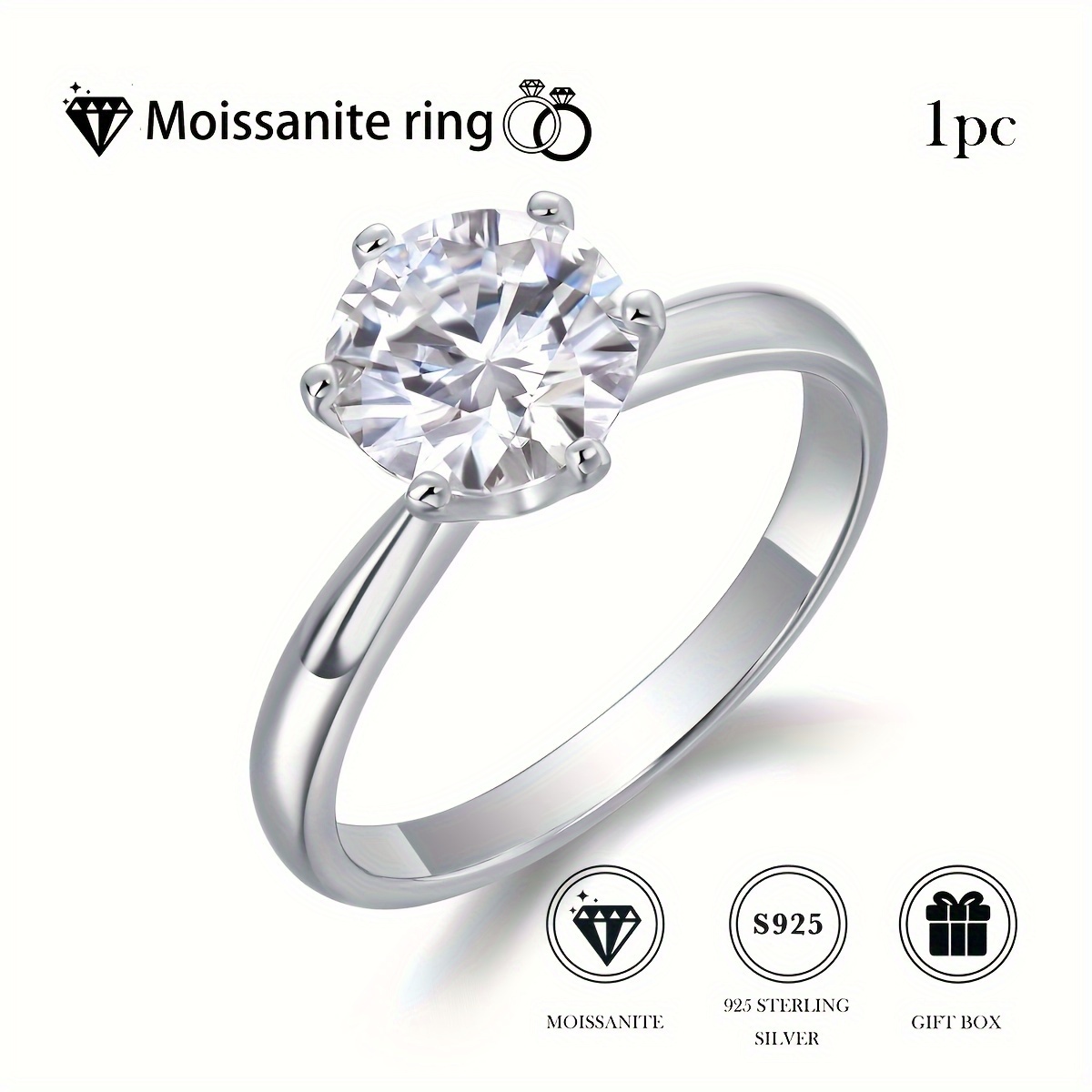 White Moissanite Band Ring Simple 925 Silver Finger Ring - Temu United ...