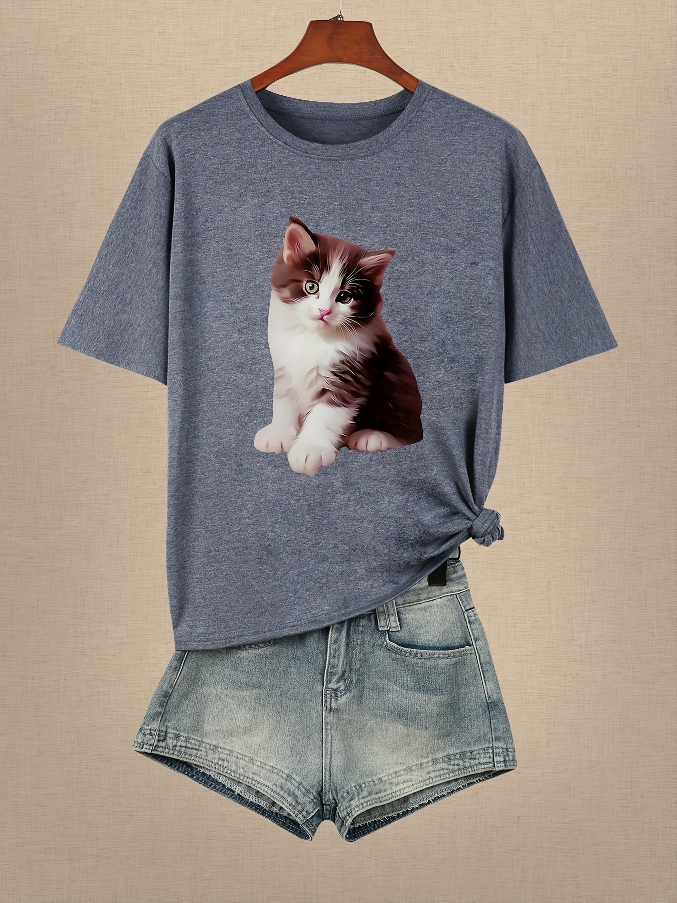 Plus Size Cat Print T shirt Short Sleeve Crew Neck Casual - Temu South ...