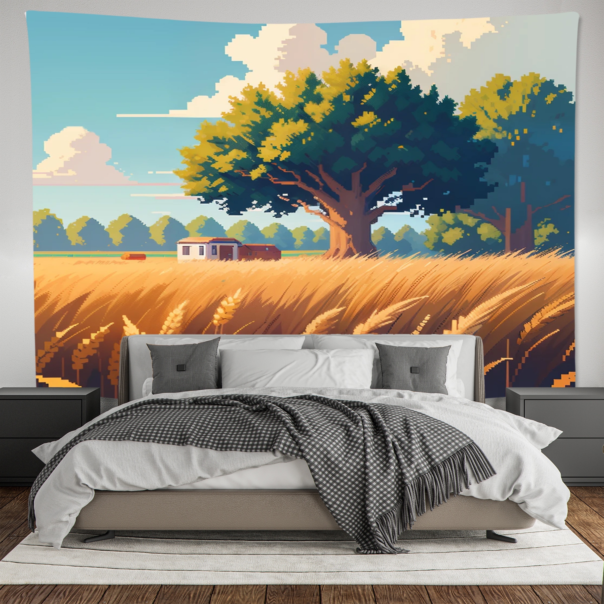 Rustic Wheat Field Scenery Tapestry - Pixelated Nature Wall Hanging For ...
