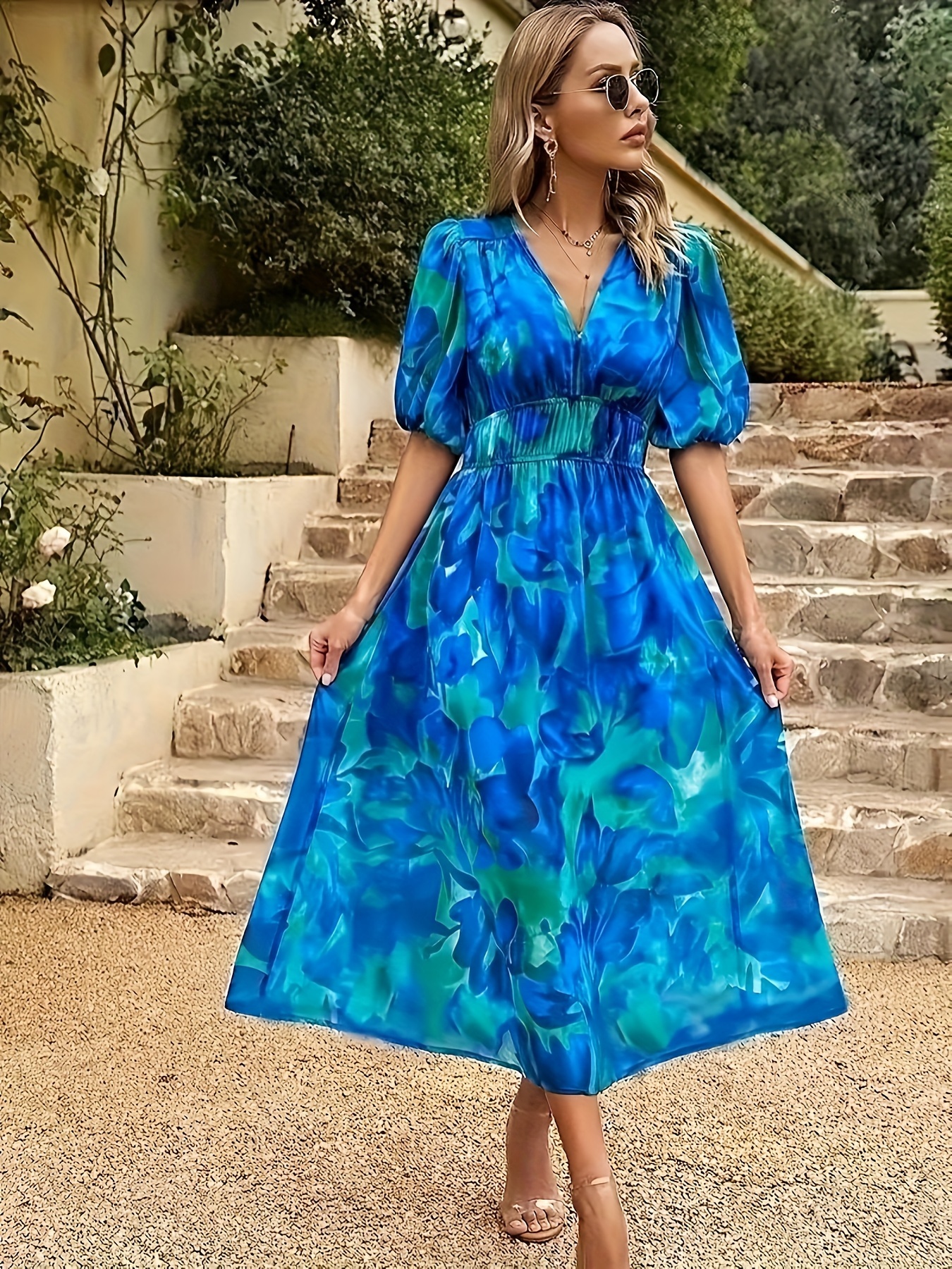 Allover Print V Neck Dress Elegant Short Sleeve Dress Spring - Temu Canada