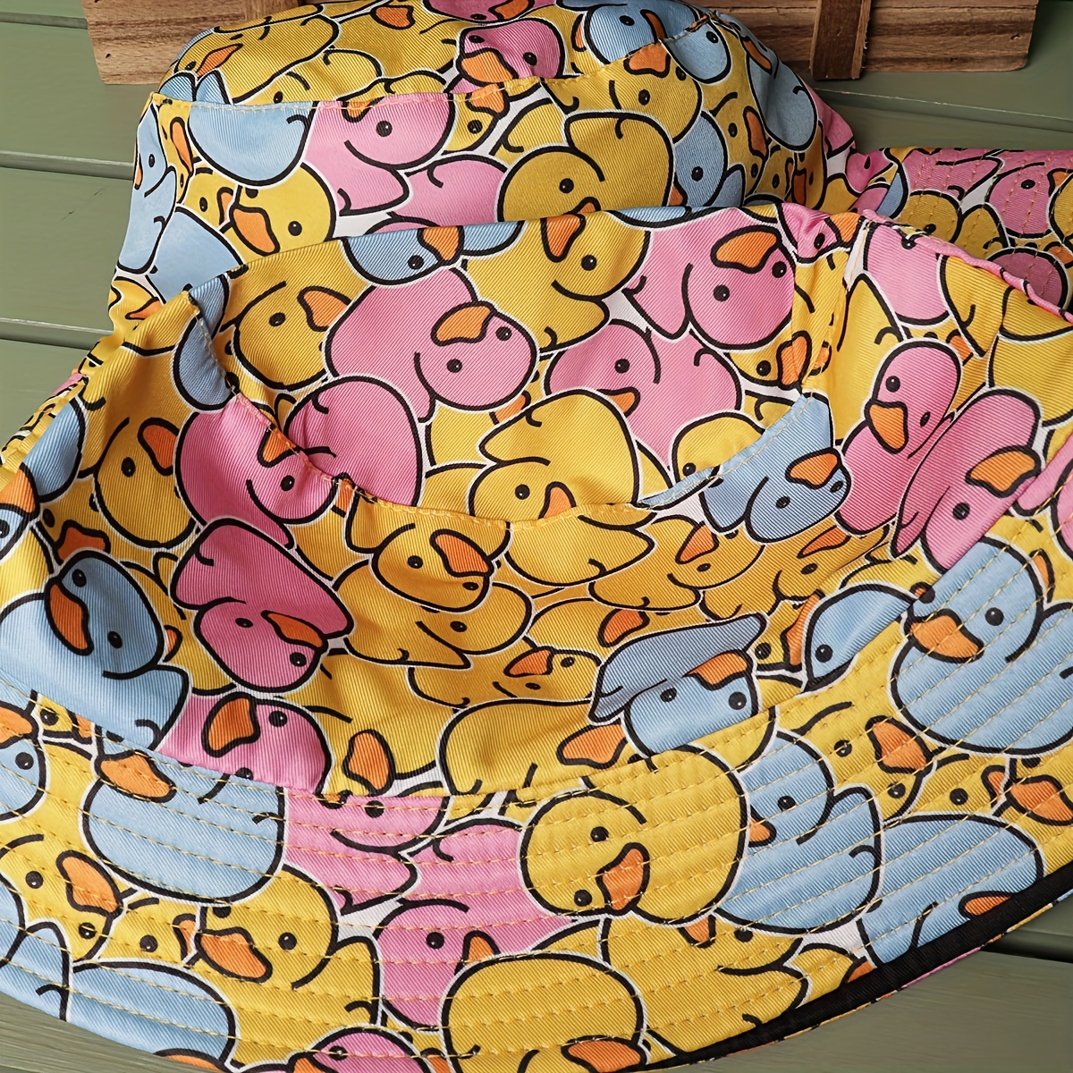 yellow duck printed bucket hat reversible cute cartoon basin - Temu ...