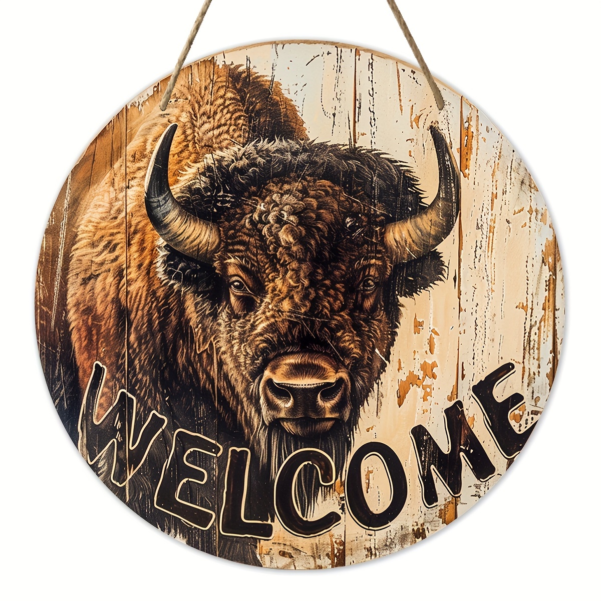 Rustic Wooden Welcome Sign Round Buffalo Plaque Western - Temu