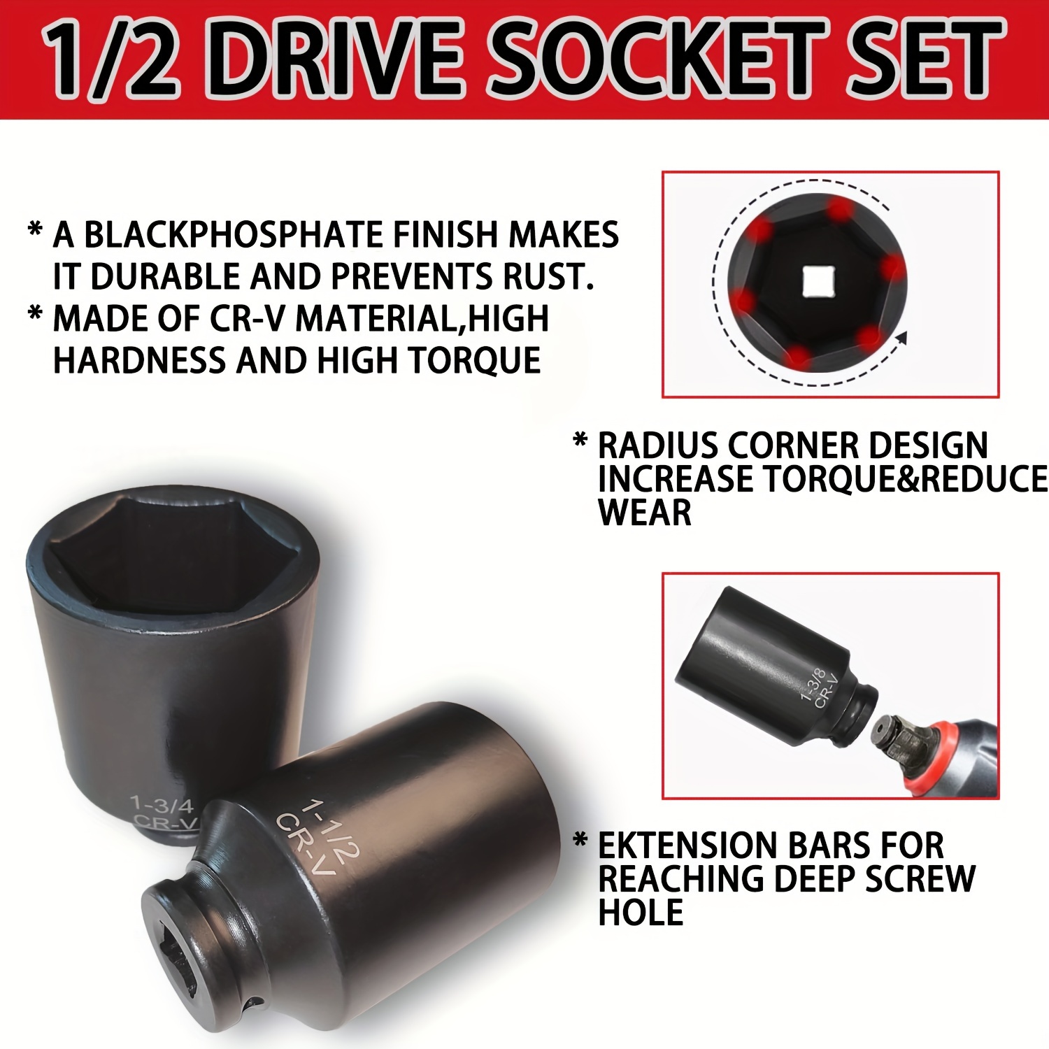 Heavy duty Sae Drive Impact Socket Set Chrome Vanadium Steel - Temu