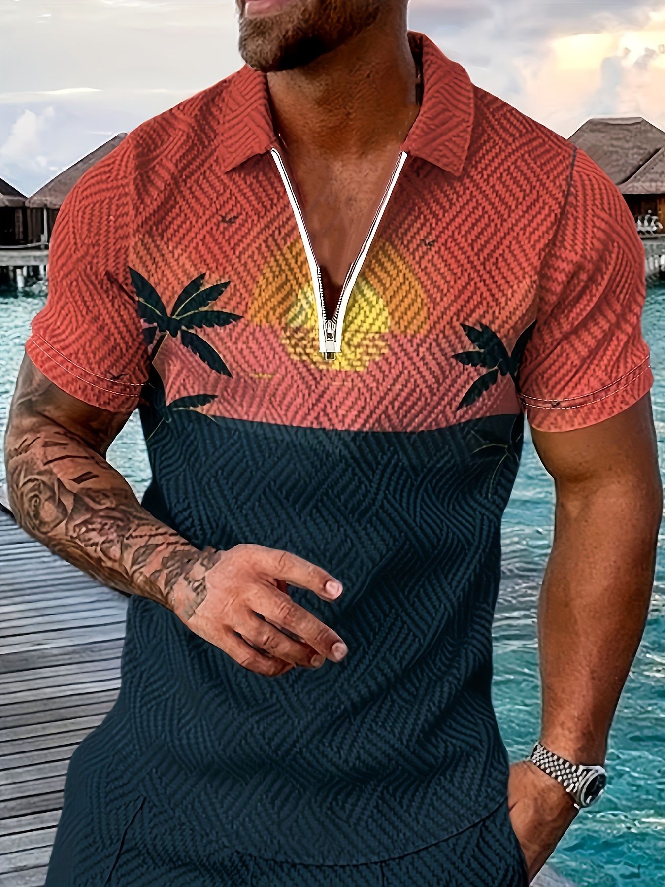 Breathable Regular Fit Coconut Tree Pattern Golf Shirt Men's - Temu New ...