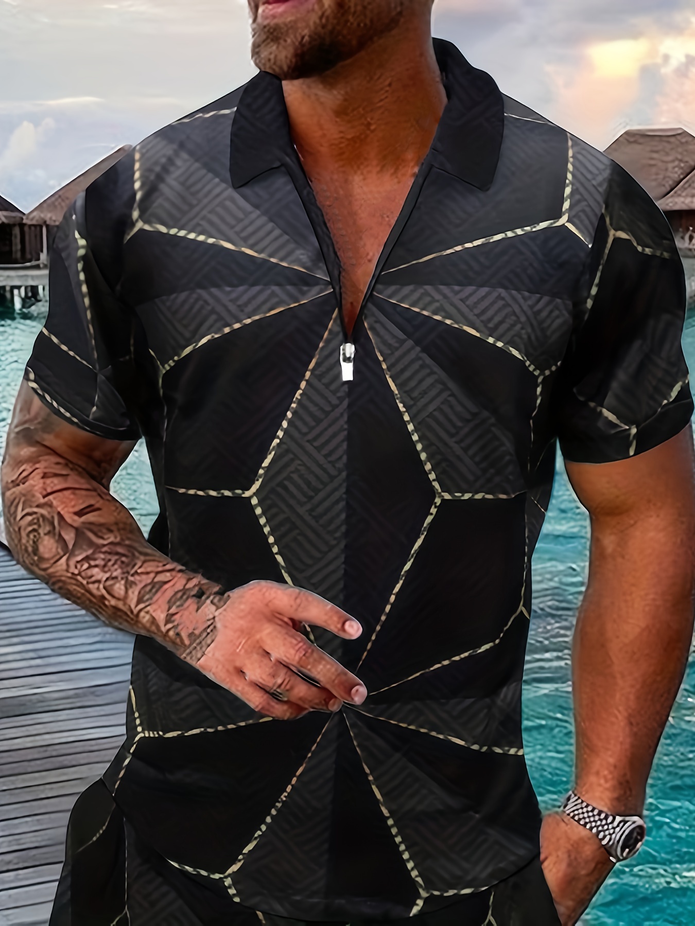 Trendy Geometric Pattern Print Men's Casual Short Sleeves - Temu Canada