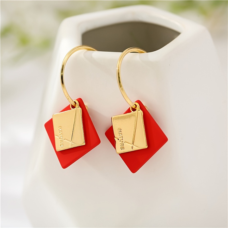 우아한 기하학적 드롭 귀걸이 한국 스타일 아연 합금 925 스털링 실버 귀침 모자이크 없음 데일리 및 파티용 모든 계절에 어울리는 빨간색과 녹색 패션 댕글 귀걸이