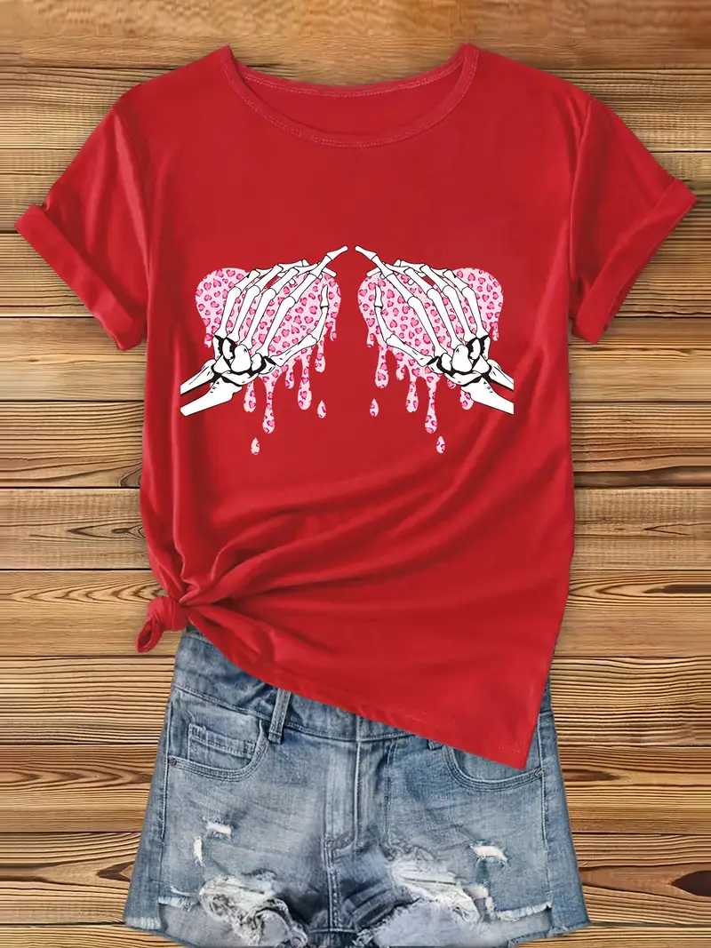 Skeleton Heart Graphic Print T Shirt Short Sleeve Crew Neck Temu Ireland
