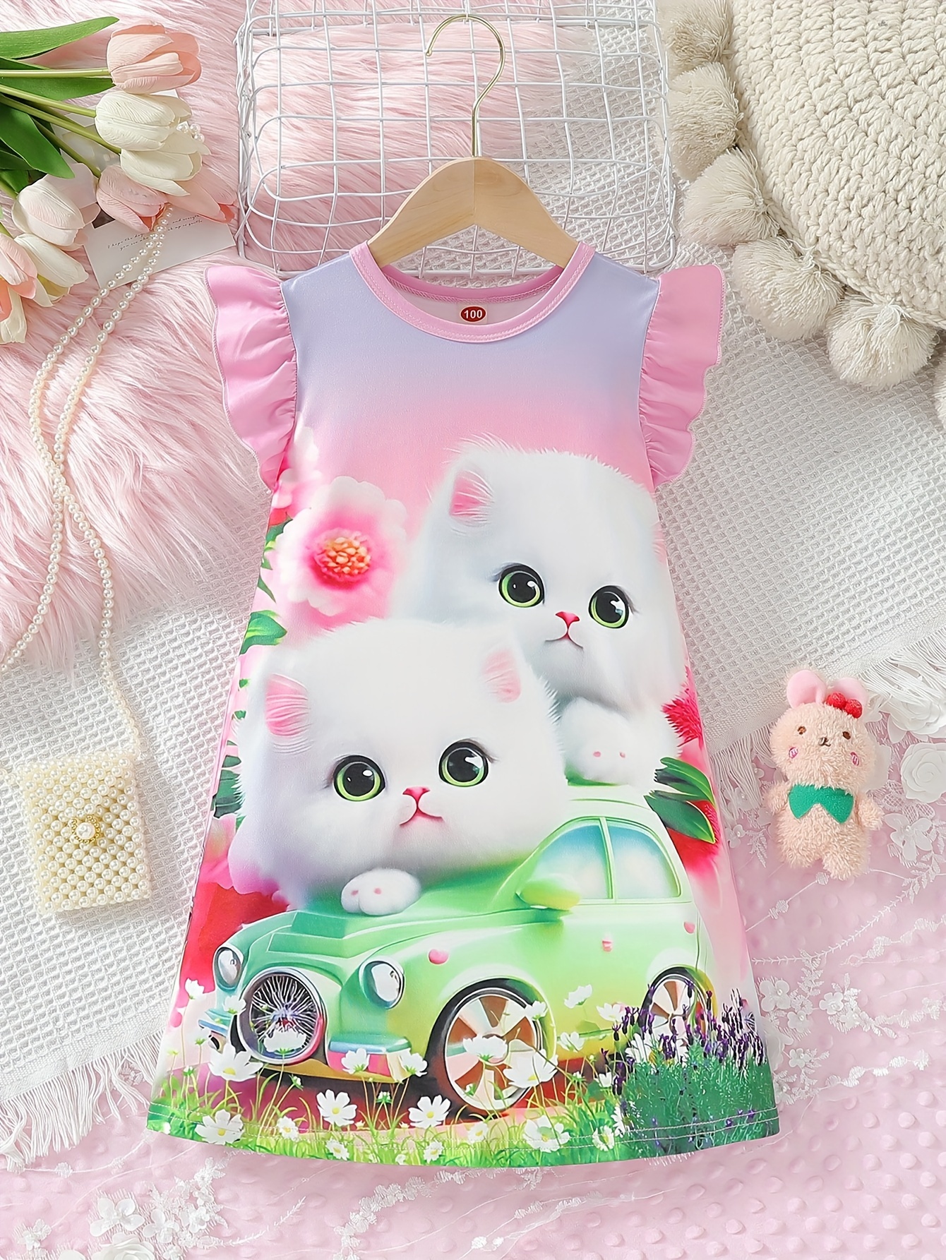 Girls Sweet Sleep Dress Cartoon Cat Print Crew Neck - Temu Ireland