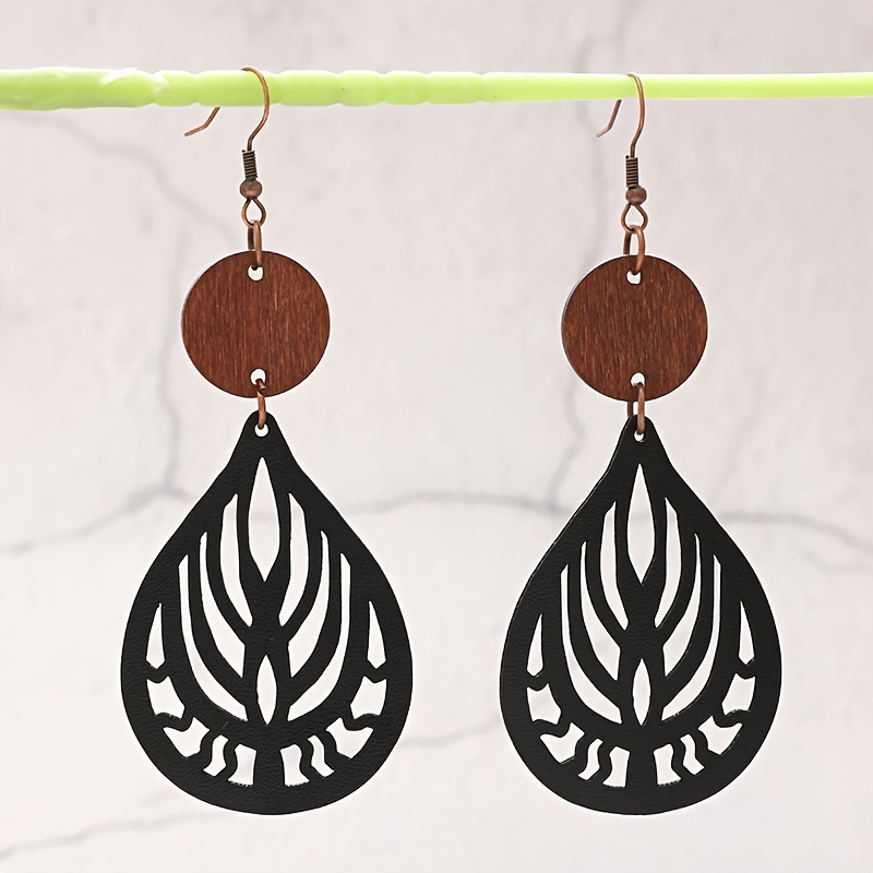 Black Carved Pattern Dangle Earrings Retro Elegant Style Pu - Temu ...