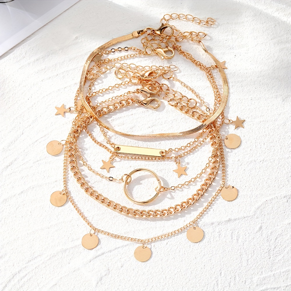 golden pentagram round piece ring pendant anklet snake chain - Temu ...