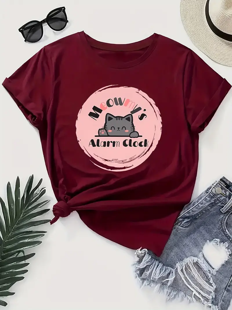 T Shirt Imprimé Chat Lettre Dessin Animé Haut Décontracté À Temu France