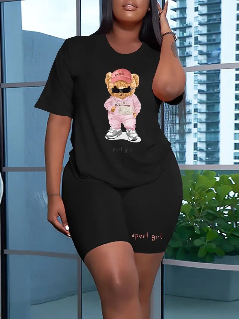 Plus Size Cartoon Bear Print Two Piece Crew Neck Short Temu Australia