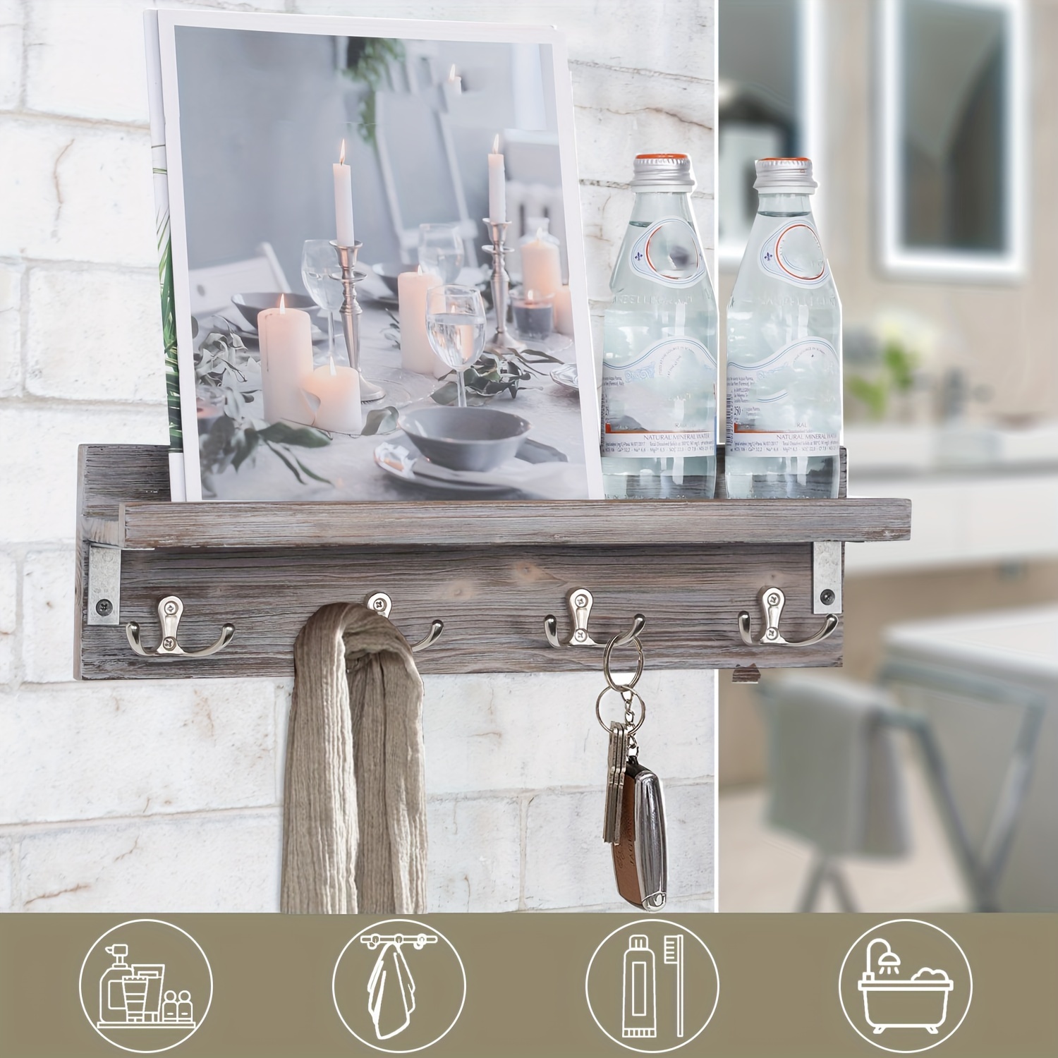Floating Shelves 8 Hooks Bathroom Coat Rack Wood Wall Key - Temu New ...