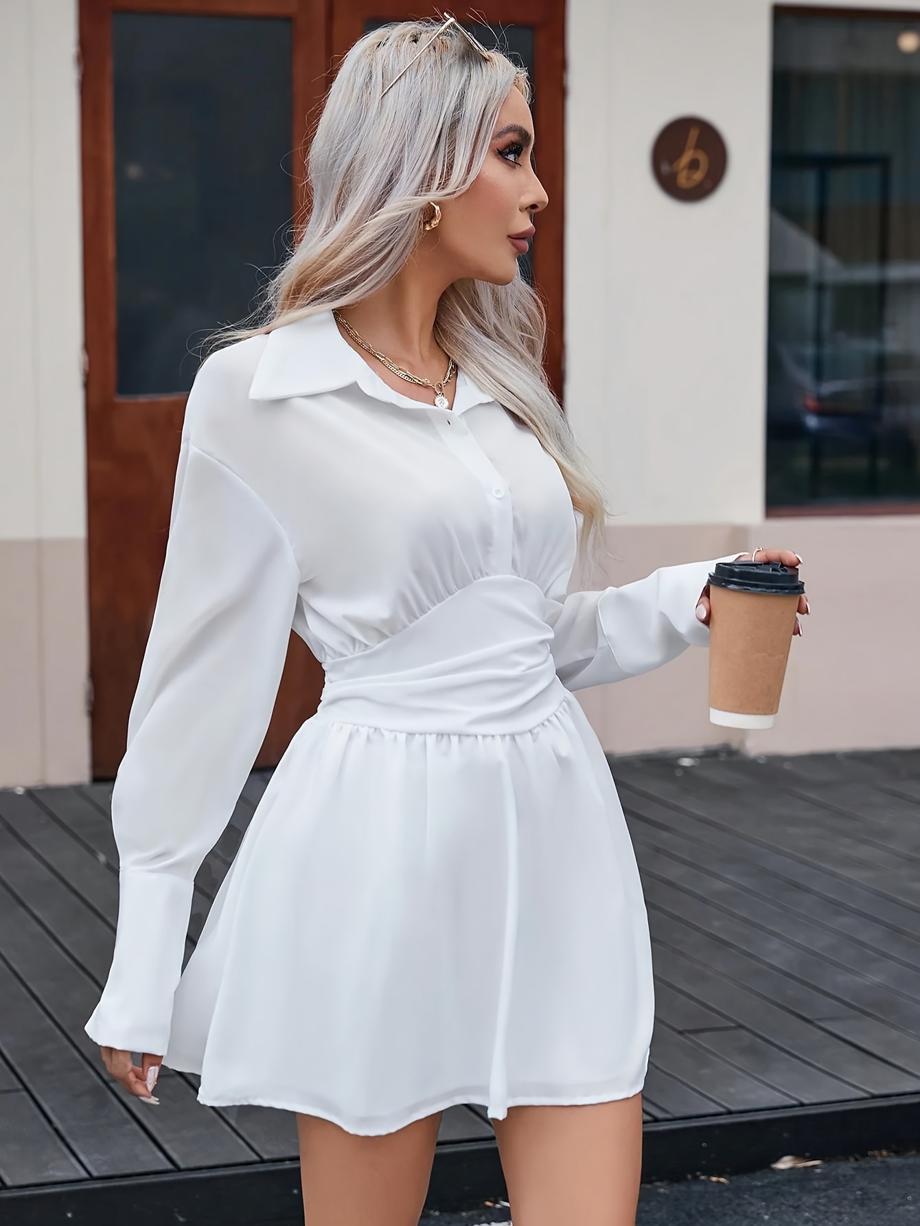 solid button front dress elegant long sleeve shirred dress - {region_name}