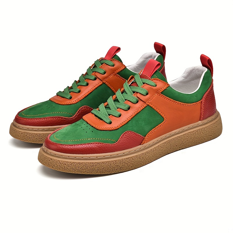 Mens Vintage Colour Block Split Leather Skateboard Shoes Comfy Non Slip ...