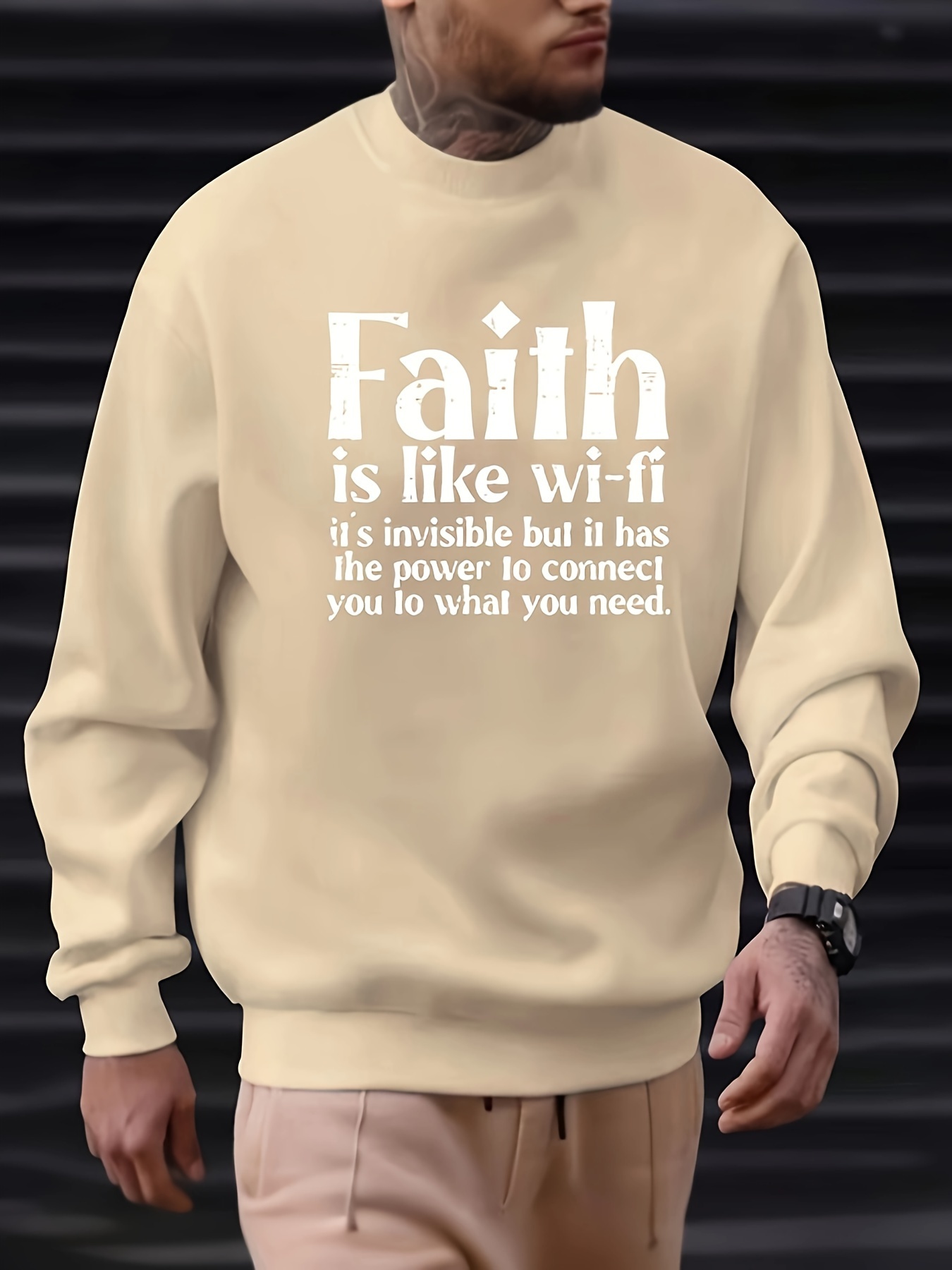 Faith Print Fashionable Men's Casual Long Sleeve Crew Neck - Temu Australia