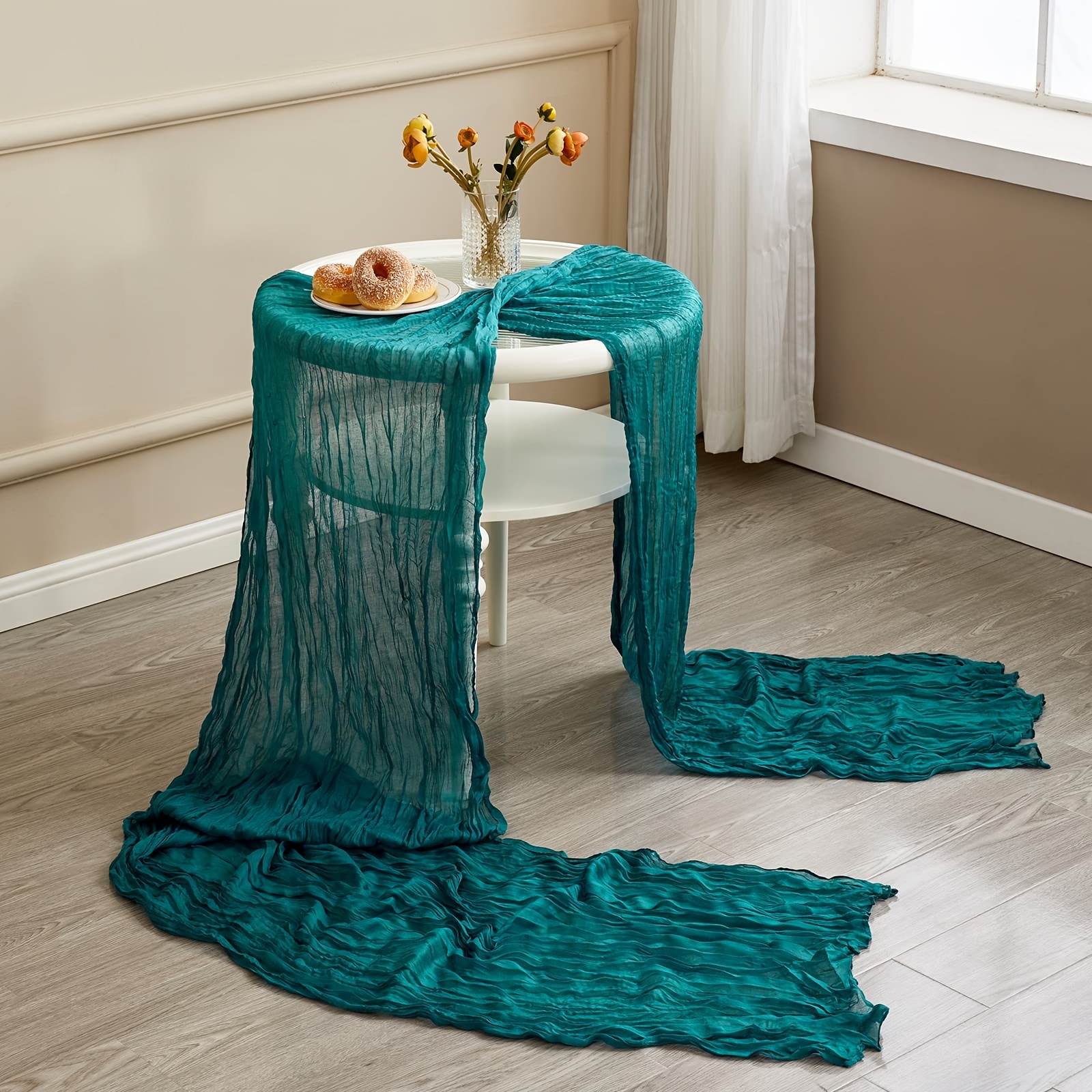 teal cheesecloth table runner sold on Temu Australia