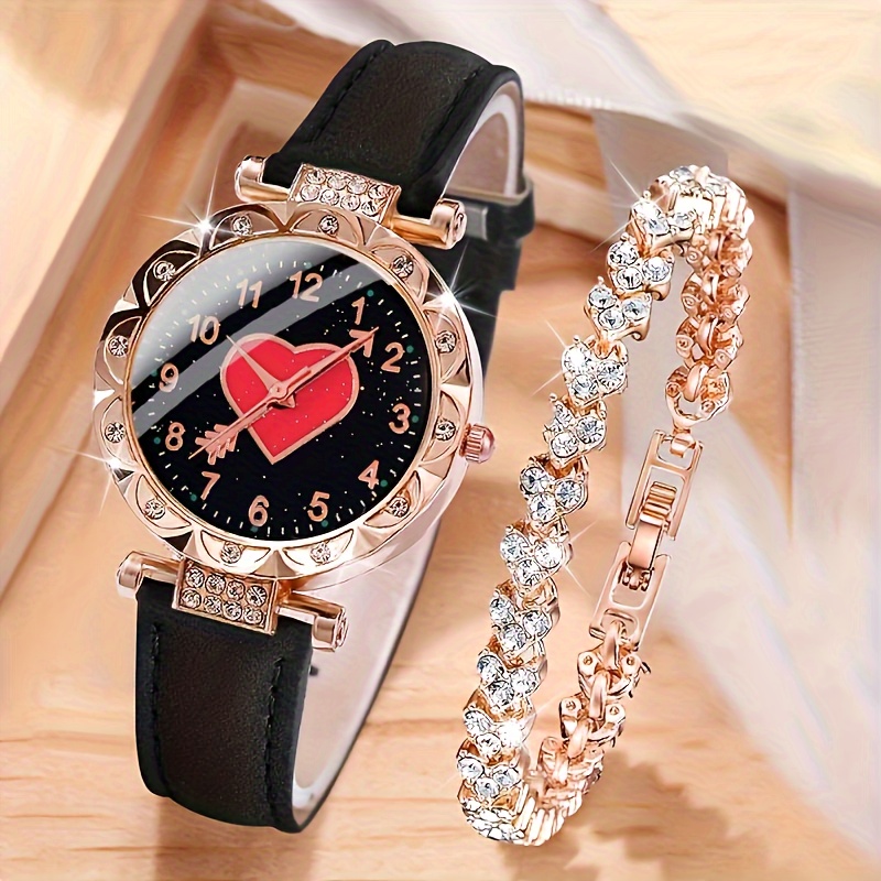 Women's Love Heart Rhinestone Quartz Watch Analog Pu Leather - Temu ...