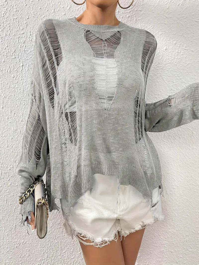 Solid Color Crew Neck Pullover Sweater Casual Ripped Long Temu Australia