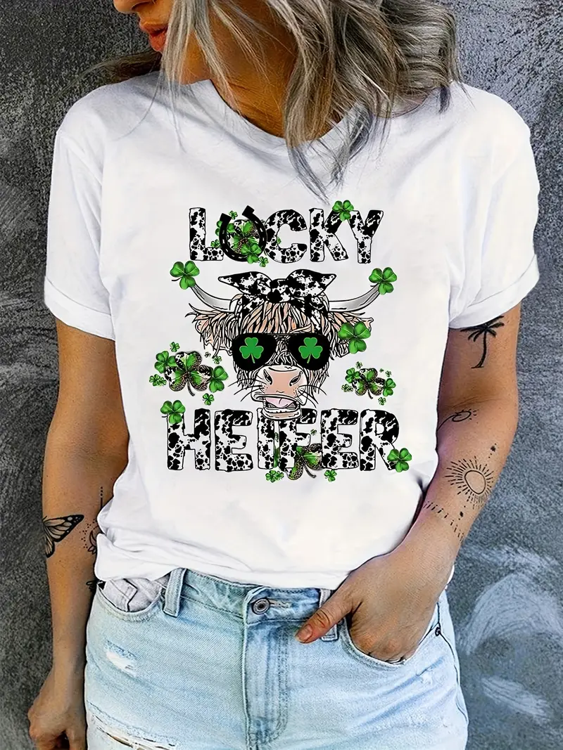 Kuh Kleeblatt Druck T Shirt Lässiges Kurzarm Oberteil Temu Germany