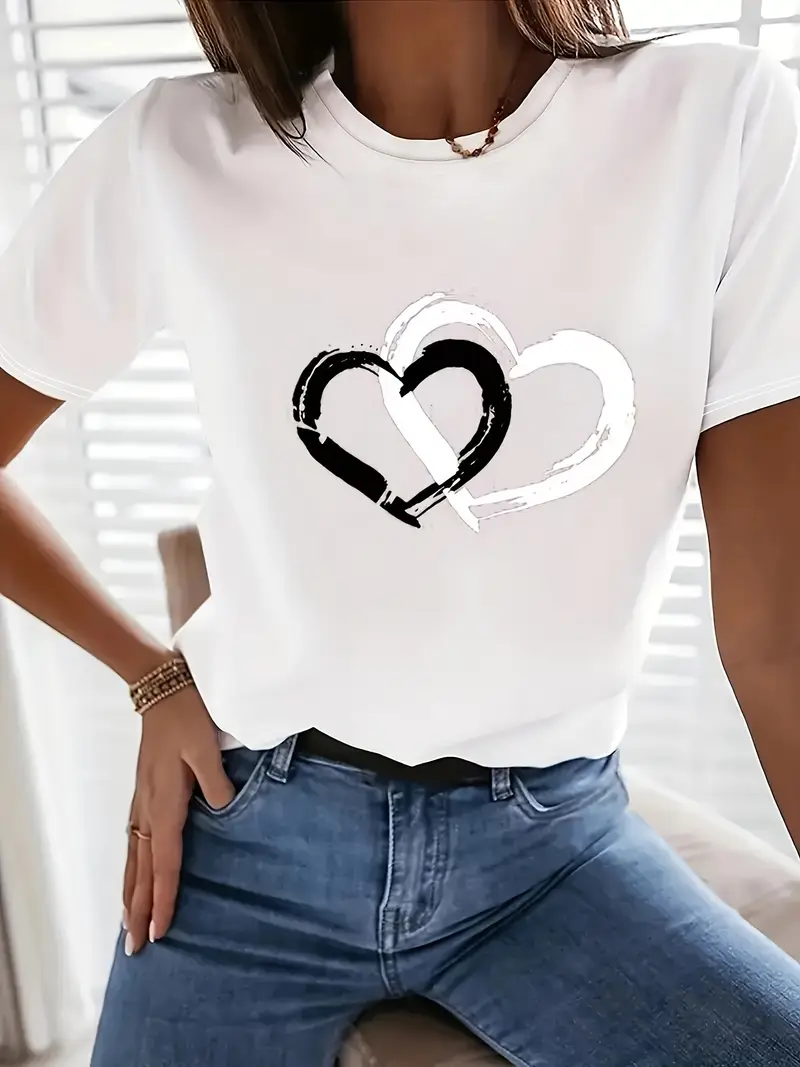 Heart Print T Shirt Plus Size Casual Crew Neck Short Sleeve Temu New Zealand