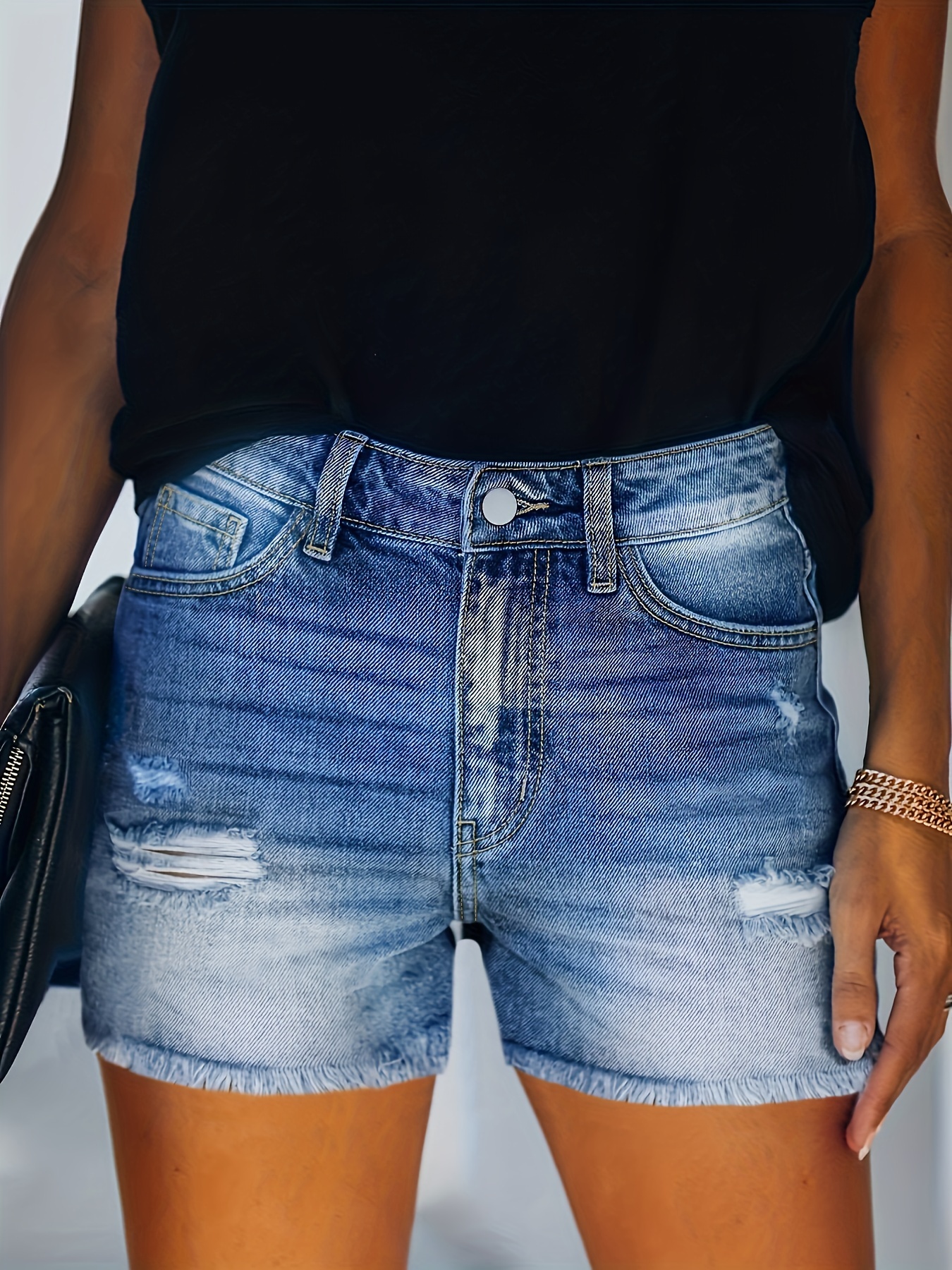 Blue Frayed Hem Denim Shorts Ripped Holes Slash Pockets - Temu