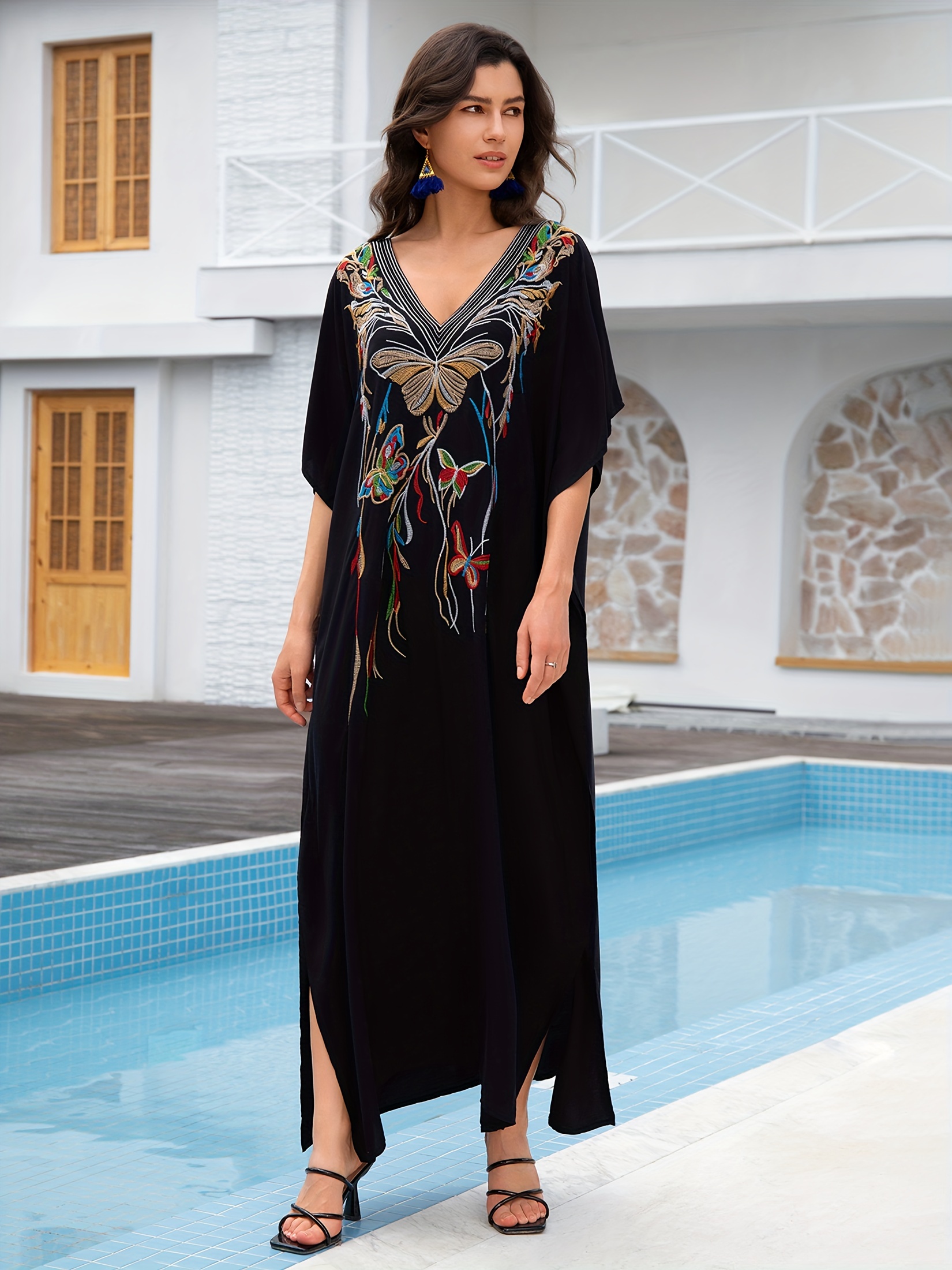 Vestido caftan bordado de tamanho decote em V casual - Temu Brazil