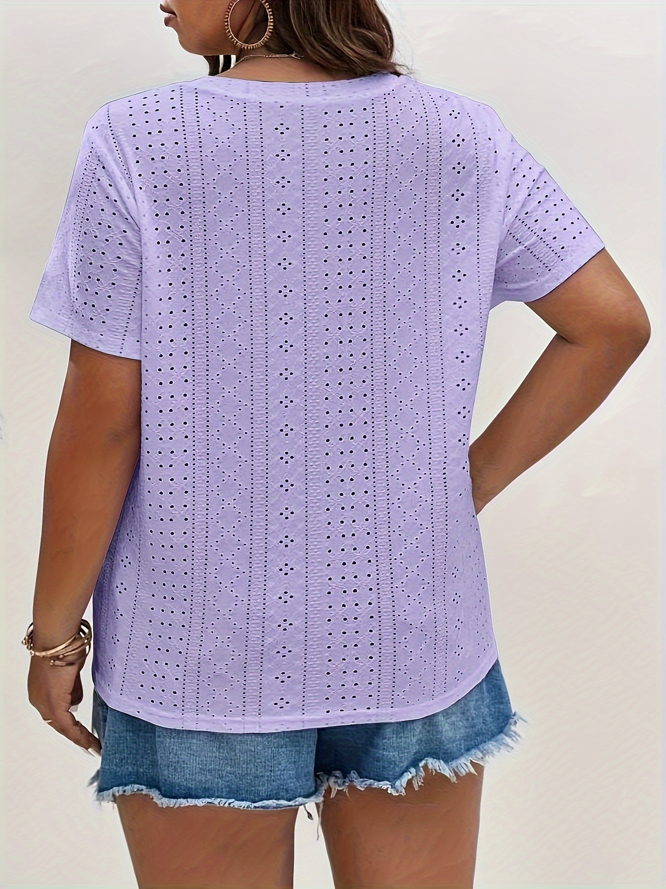 Eyelet Solid T shirt Plus Size Short Sleeve Casual Top - Temu New Zealand