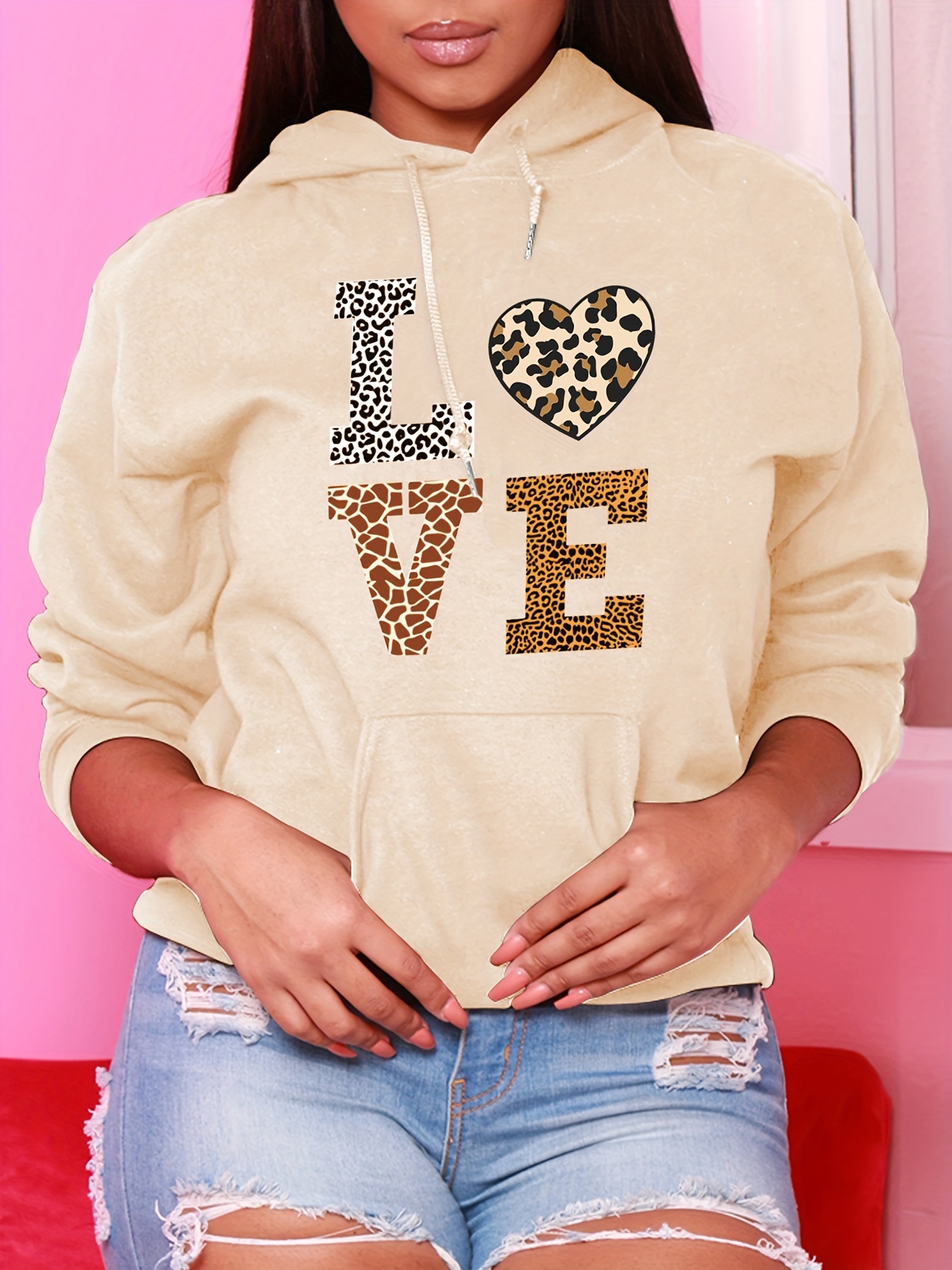 Leopard Letter Print Hoodie Casual Drawstring Kangaroo - Temu Australia