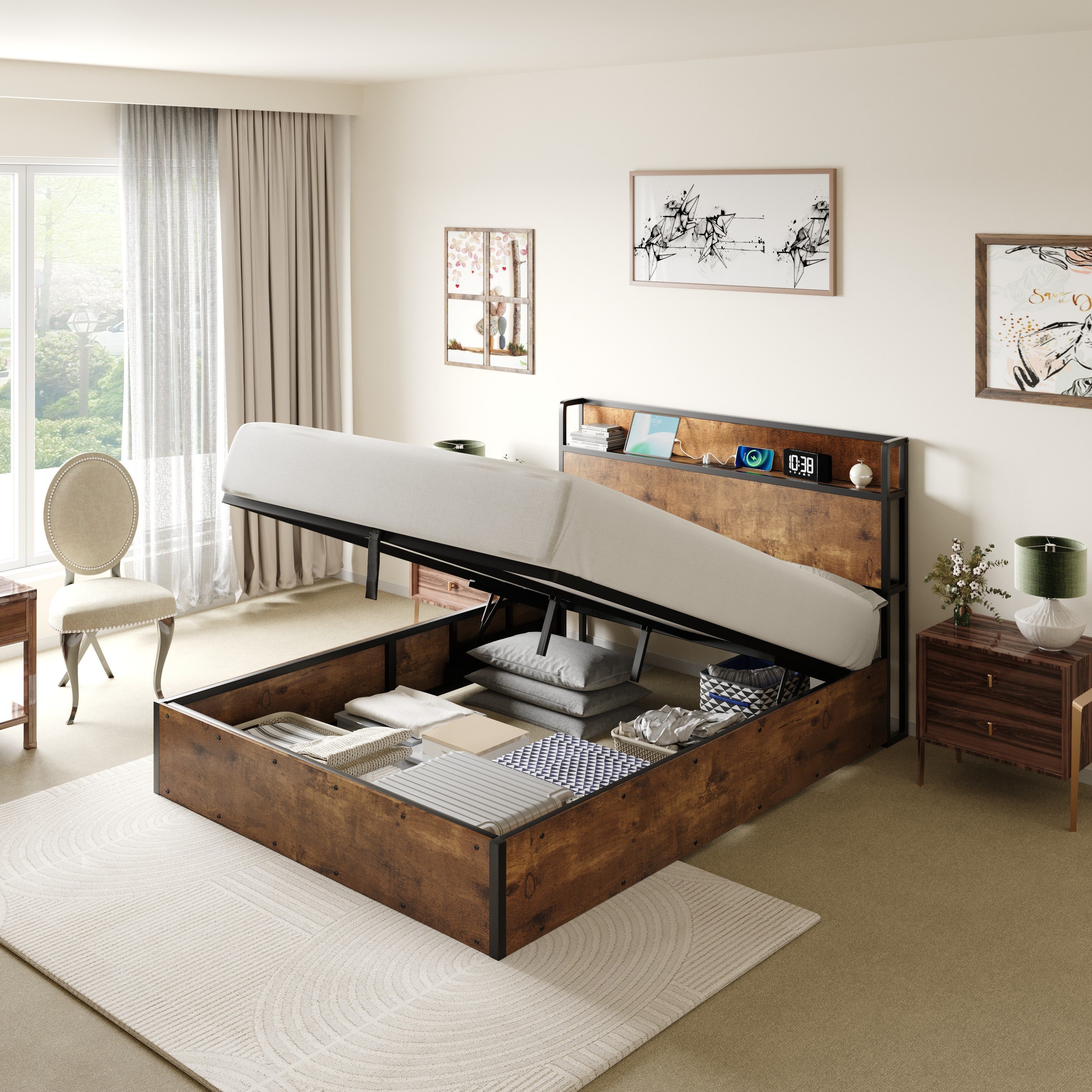 queen size lift storage bed wood platform bed frame storage Temu