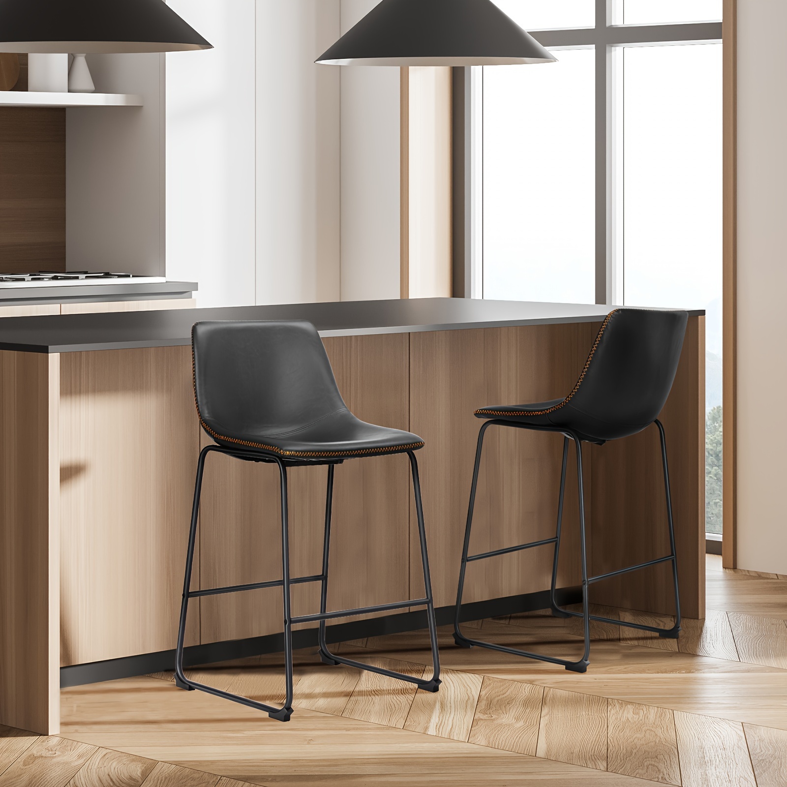Bar Stools Set of 2 Leather Barstools Counter Height Dining Room Chairs Kitchen Island Modern Bar Stools with Back 26 inch Counter Stool Armless Ba