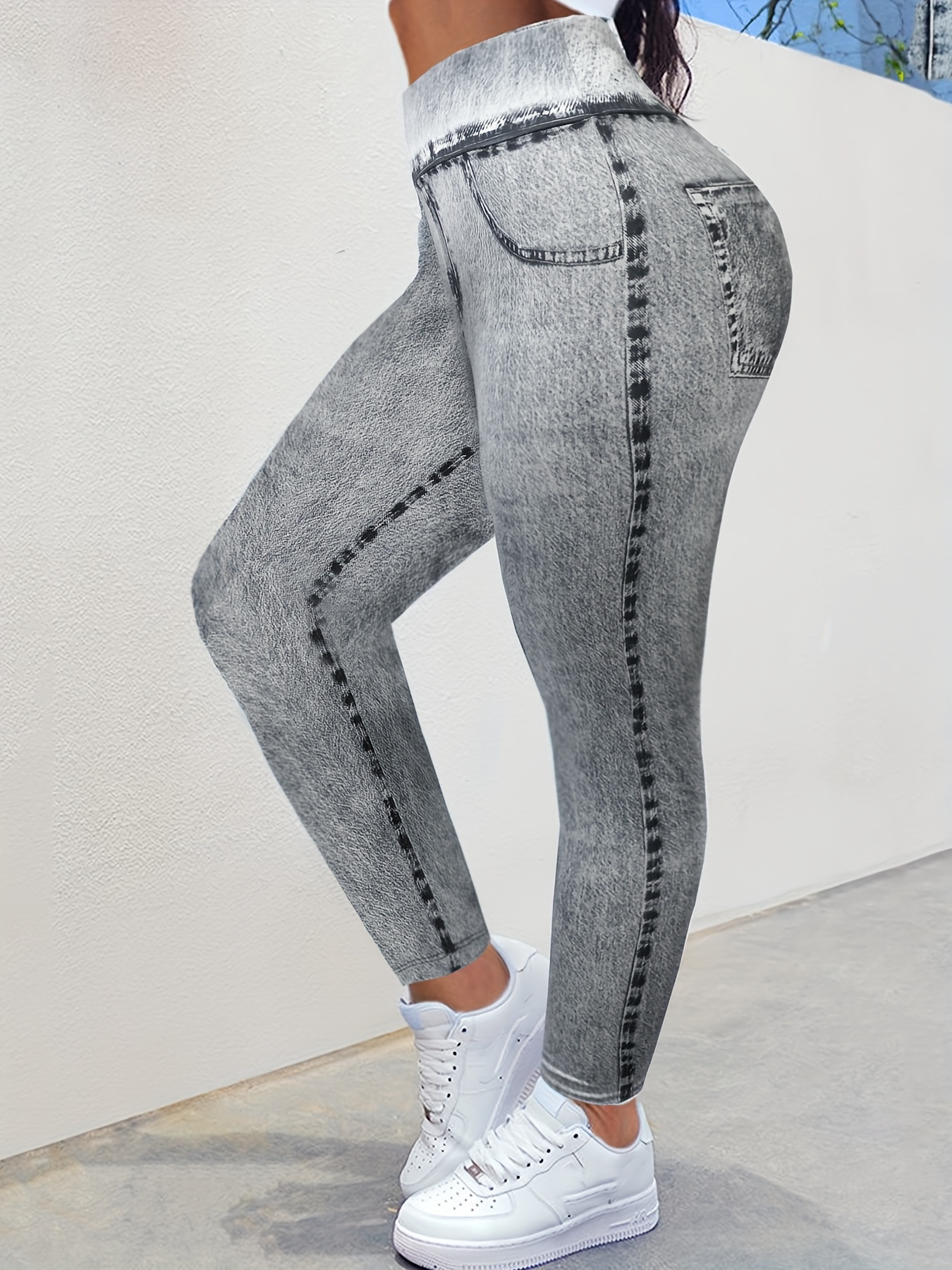 Plus Size Sports Leggings Dame Plus Imiteret Denim Print - Temu Denmark