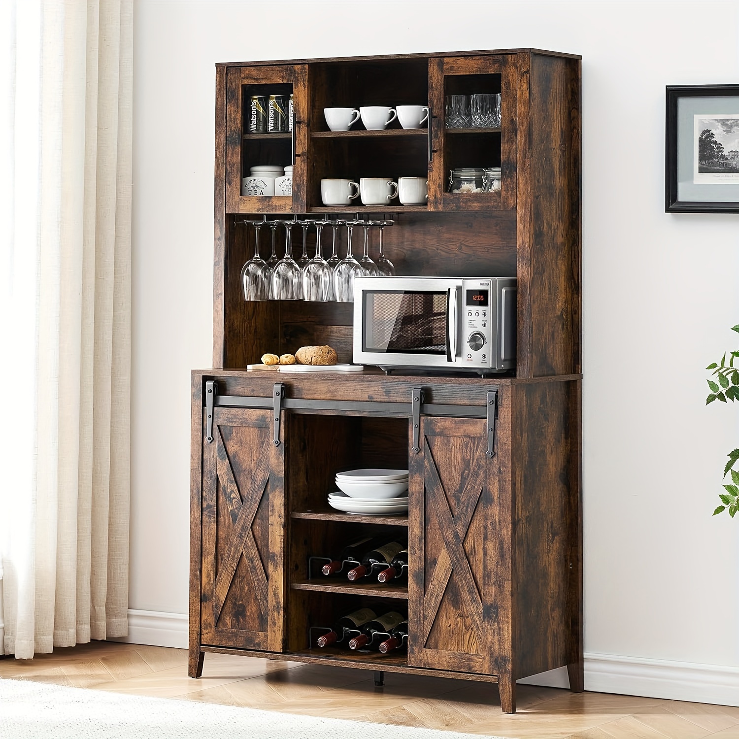 tall farmhouse coffee bar wine cabinet sliding barn doors Temu