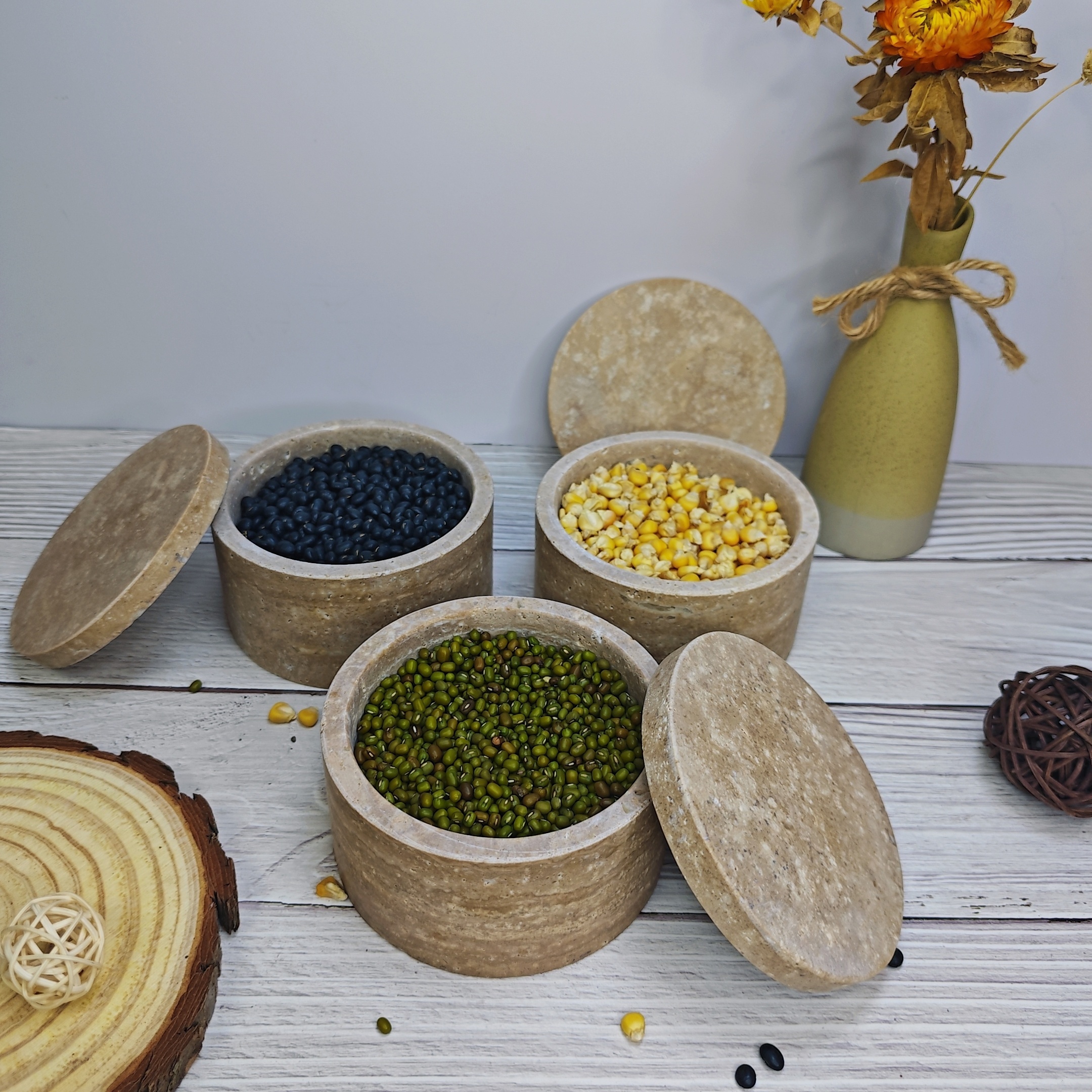 cover storage box cylindrical natural stone beige marble - Temu