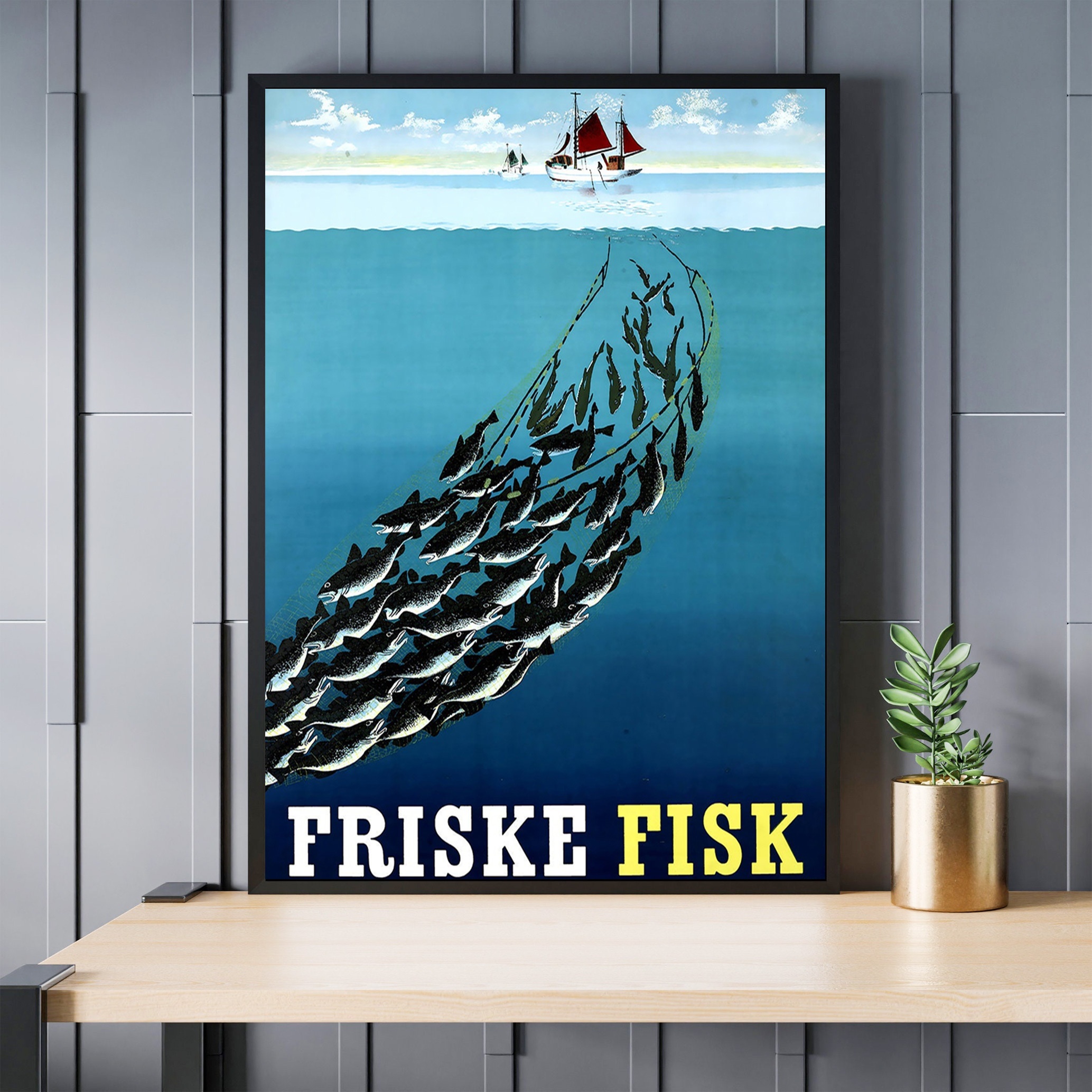 Friske Fisk Vintage Fishing Poster - Art Deco Classic Retro Style ...