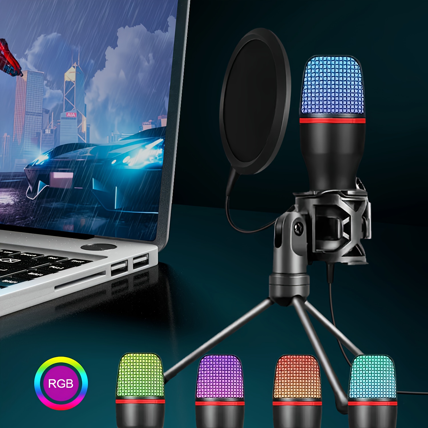 Usb 스트리밍 팟캐스트 Pc 마이크 Rgb 조명 삼각대 스탠드 및 팝 필터 Usb C 연결 소형 다이어프램 Temu