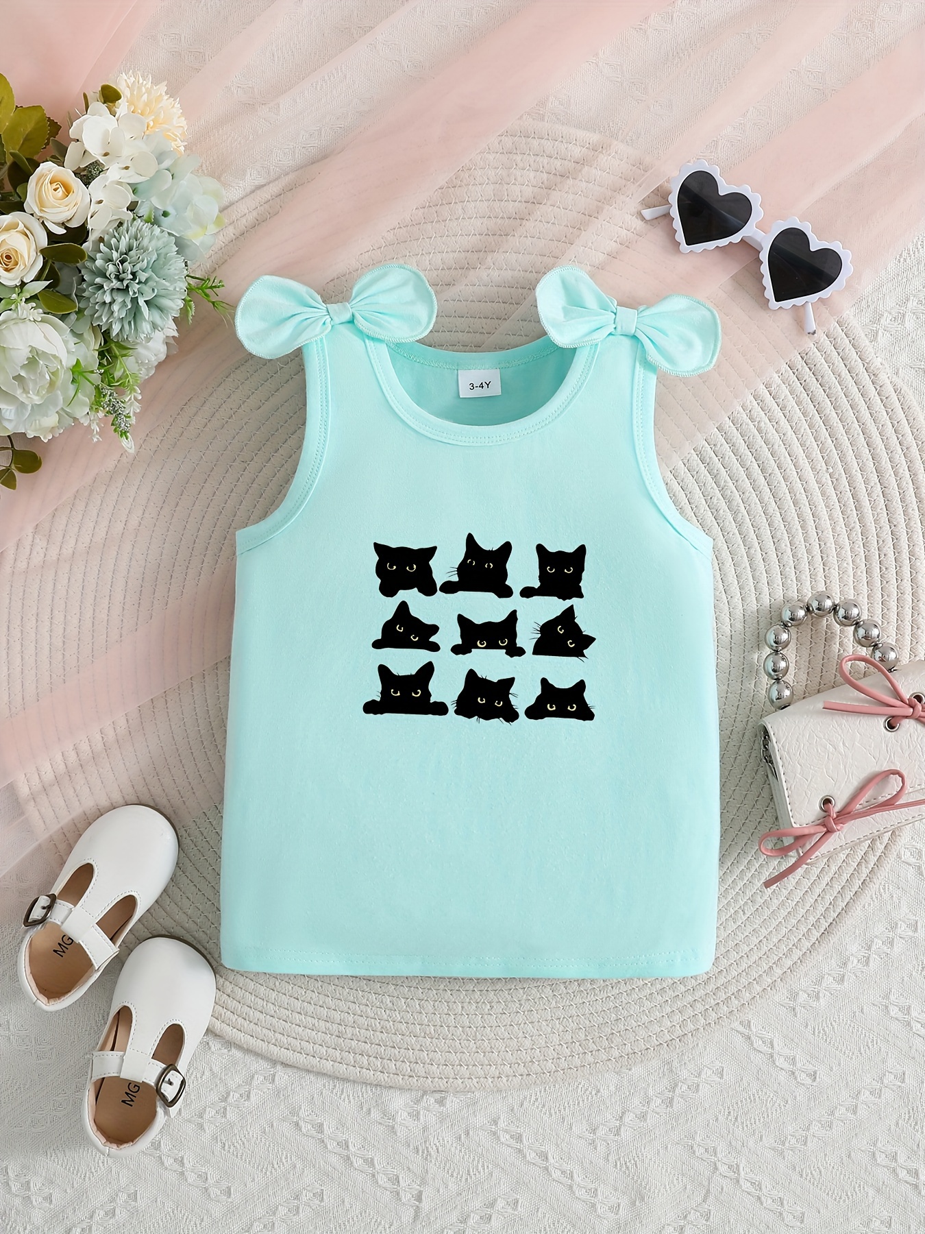 Cute Black Kittens Print Girls Bowknot Straps Tank Top - Temu New Zealand