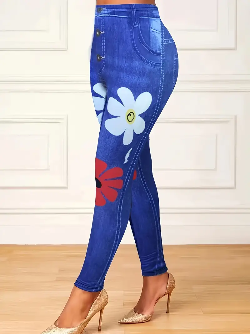 Grote Maten Skinny Legging Met Bloemenprint Casual Temu Belgium