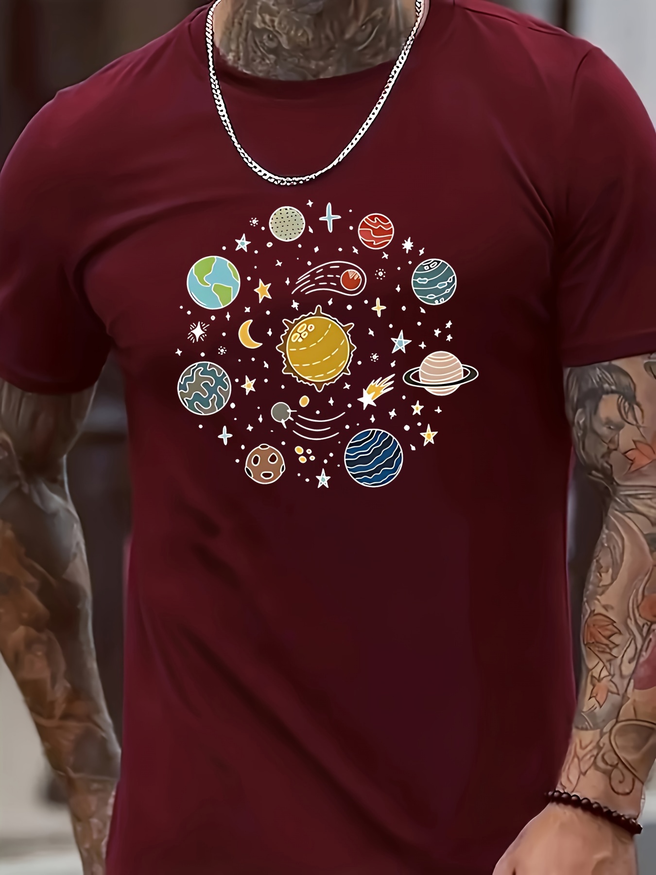 Planets Print Men's Short Sleeve Crew Neck T shirts Comfy - Temu Australia