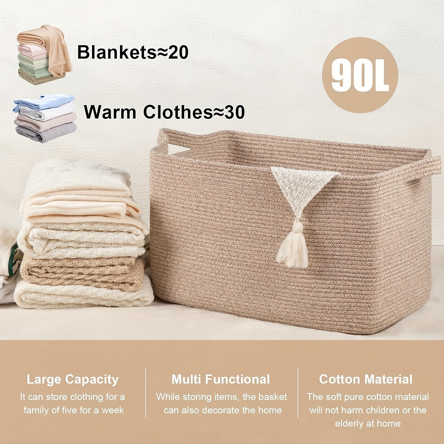 Large Blankets Basket Living Room Woven Cotton Rope Storage - Temu