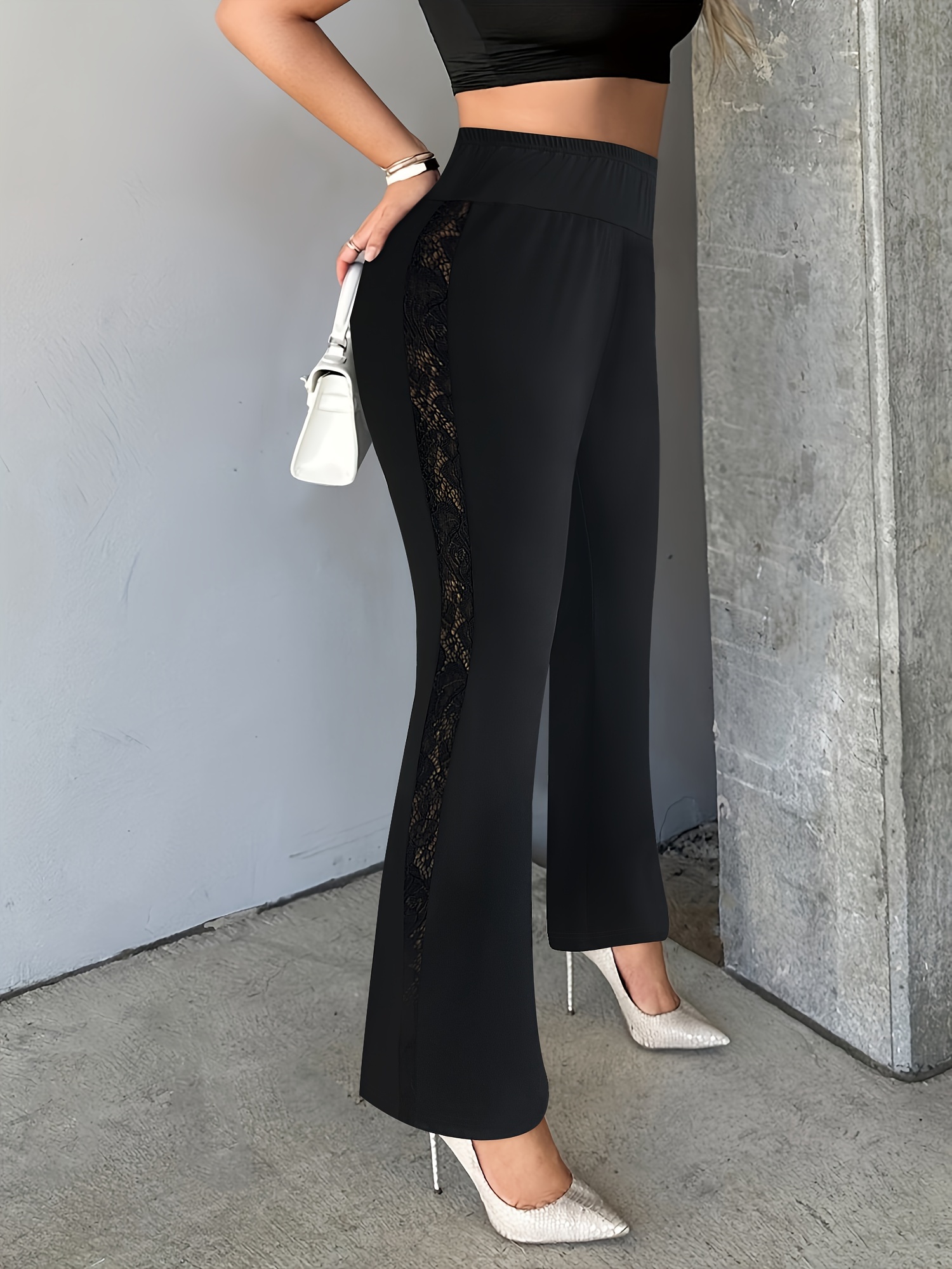 Contrast Lace Flare Leg Pants Elegant High Waist Forbidden - Temu