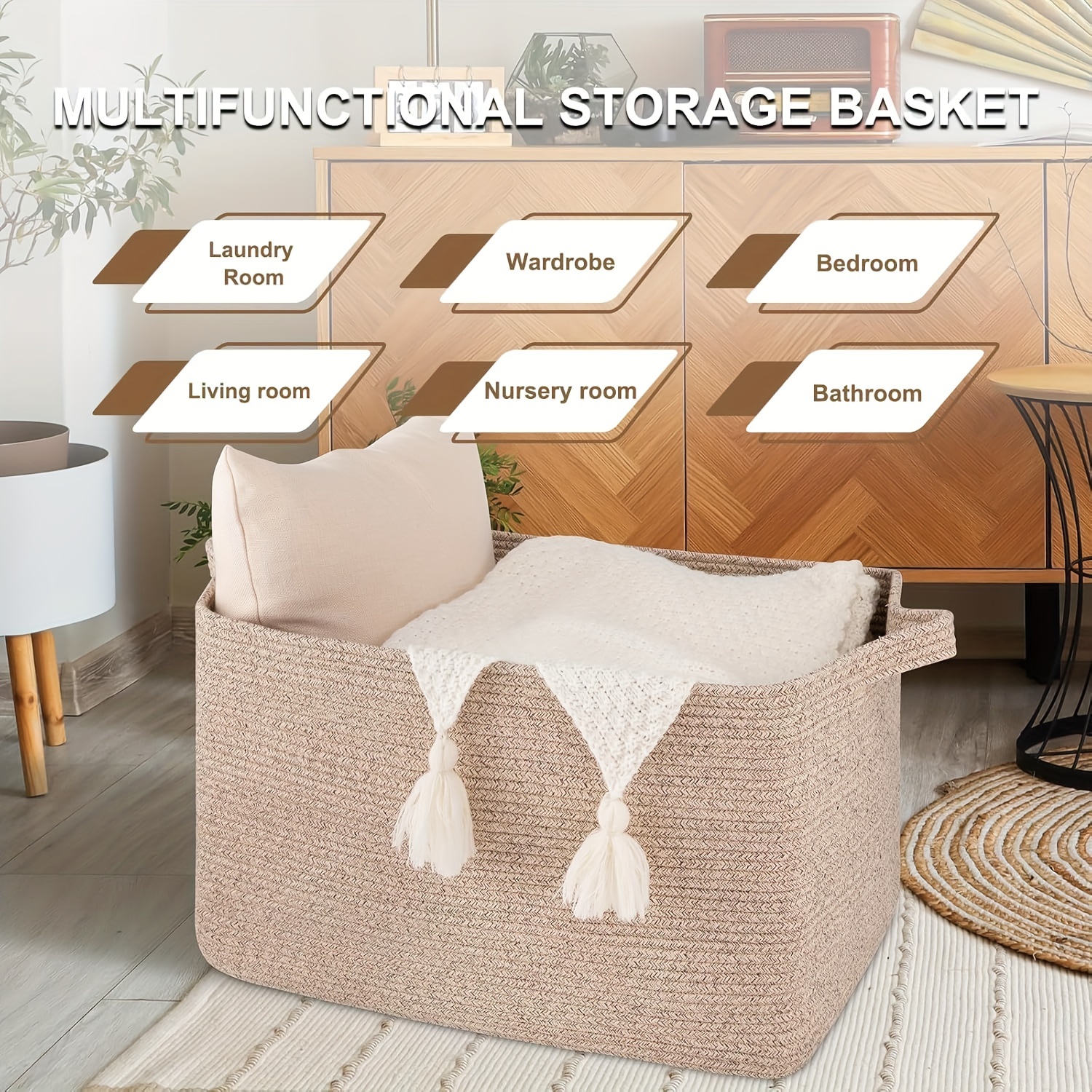 Large Blankets Basket Living Room Woven Cotton Rope Storage - Temu