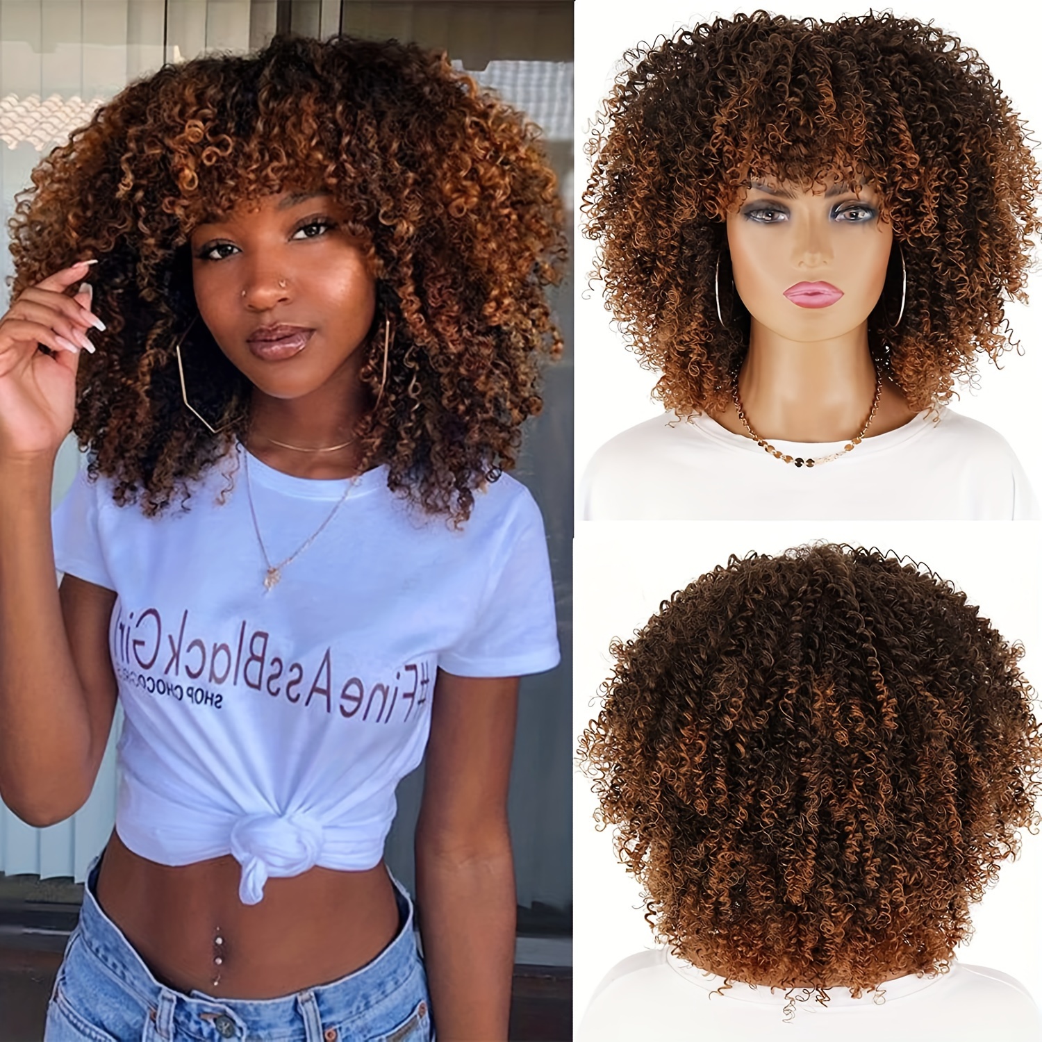 14 Inch Short Afro Kinky Curly Wigs With Bangs For Women Synthetic Heat ...