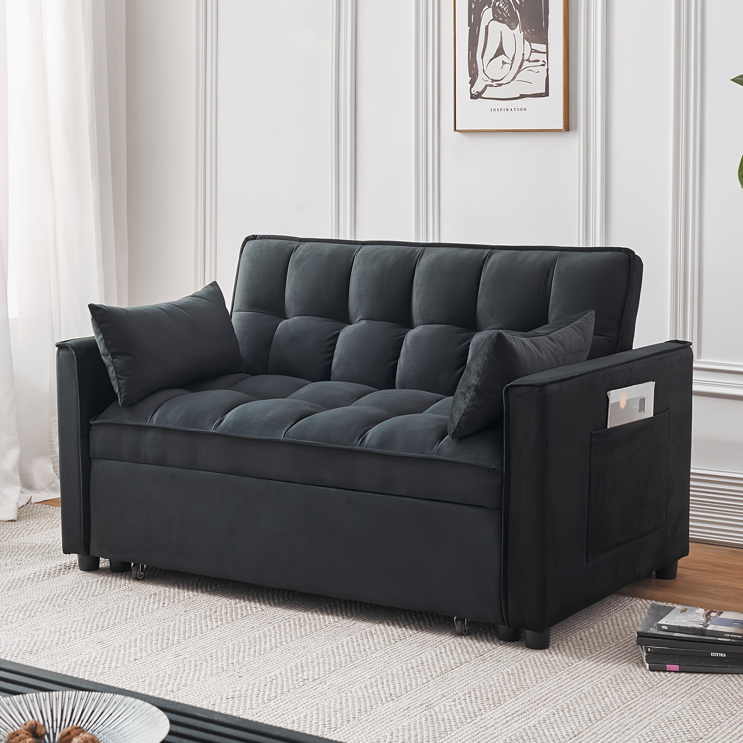 Modern Black Velvet 3 in 1 Convertible Sleeper Sofa Bed with Adjustable Backrest Storage Pockets Pillows Comfortable Pullout Futon for Living Roo
