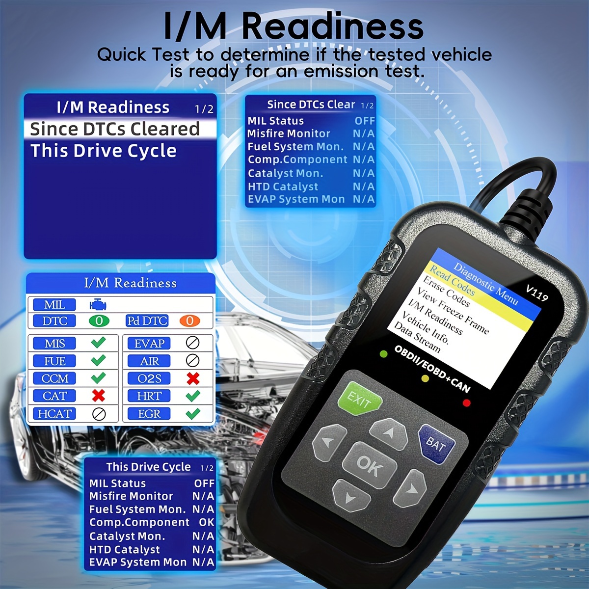 带电压测试的 OBD2 扫描仪 V119 汽车诊断代码阅读器 USB 供电发动机故障扫描仪 适用于 OBDII 协议车辆 - Temu