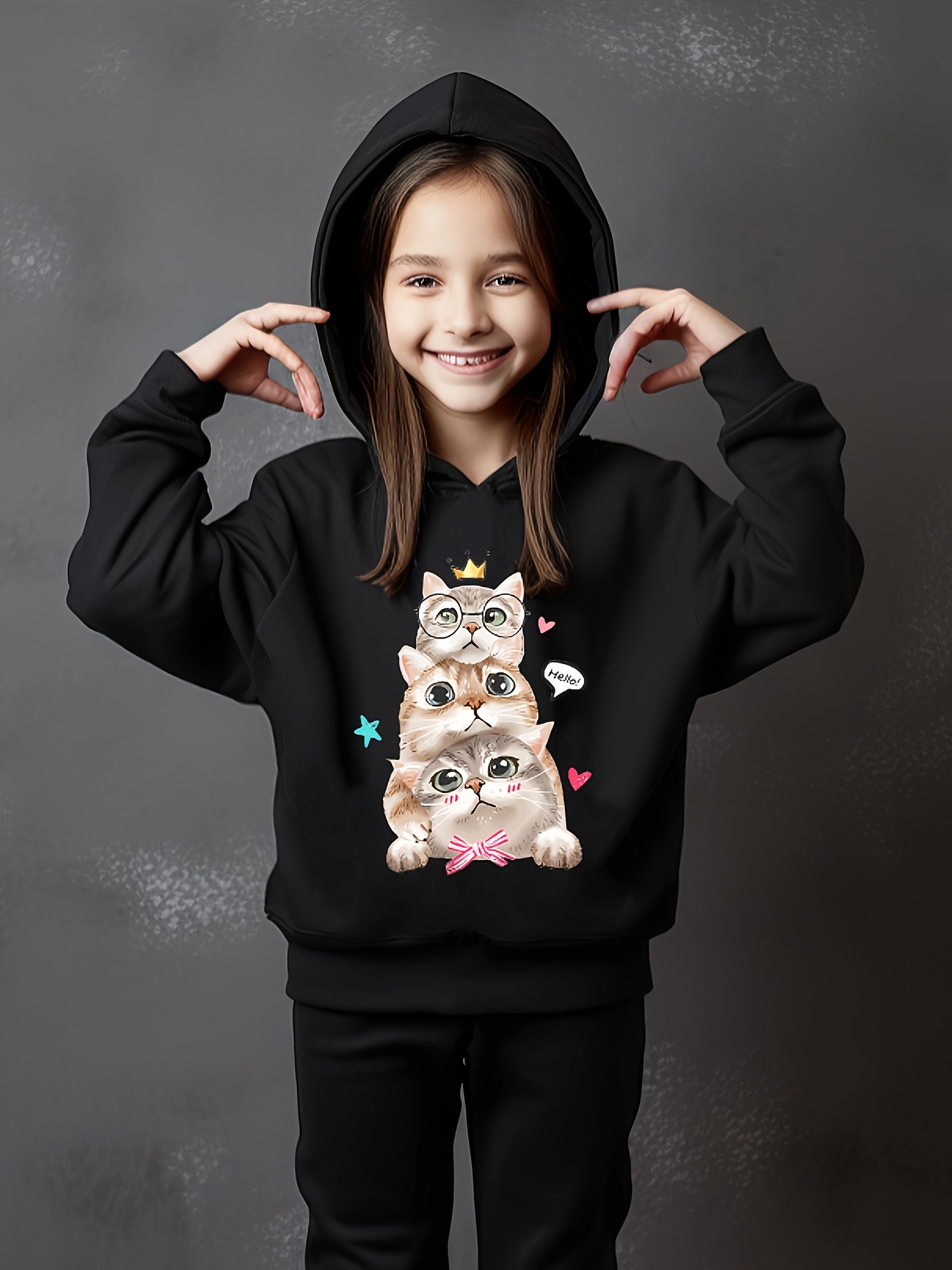 Lovely Cartoon Cats Crown Graphic Print Girls' Outfit Casual - Temu ...